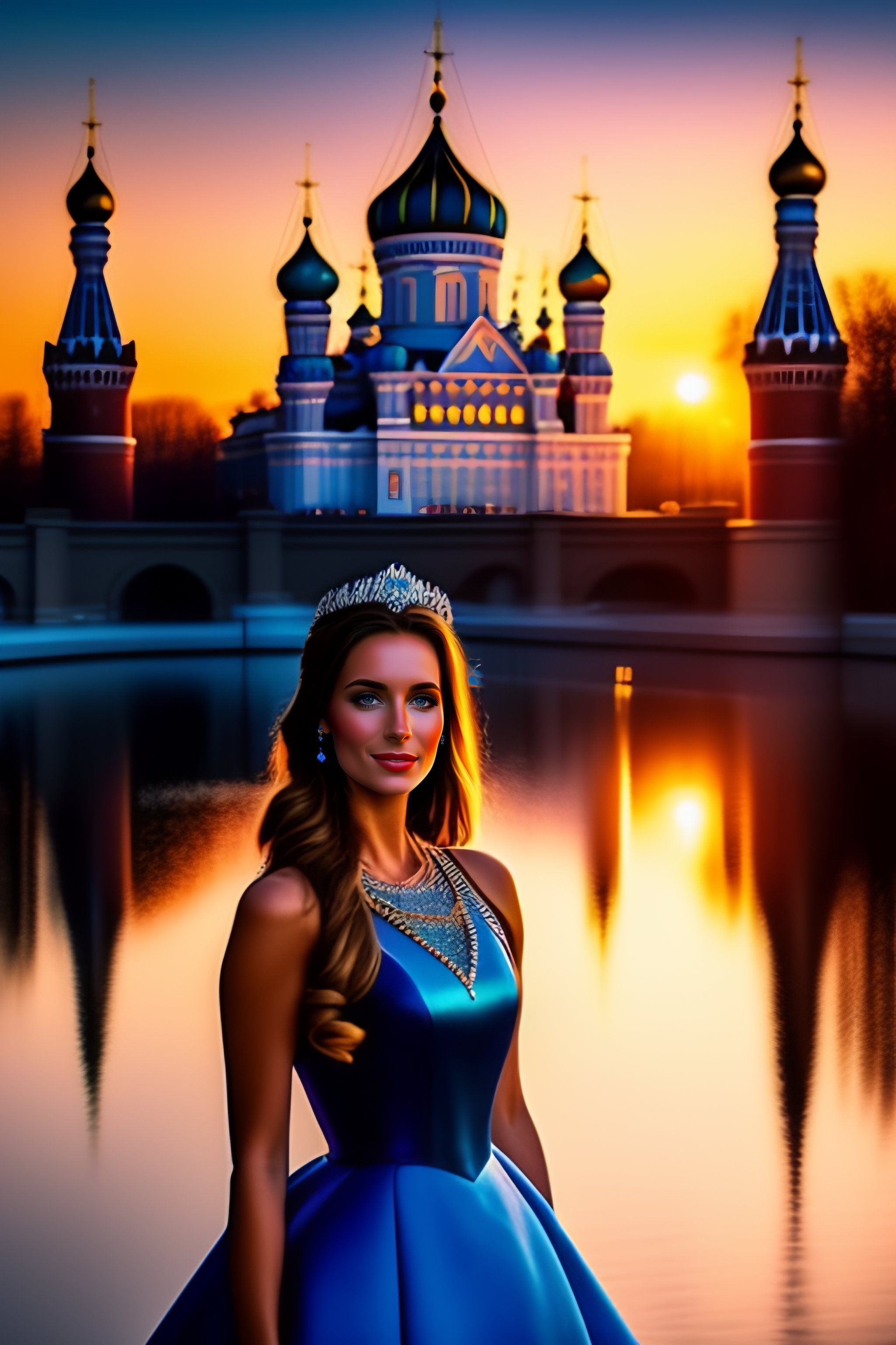 Lexica - Princess Anastasia in Moscow Russia, castle, sunset, blue dress