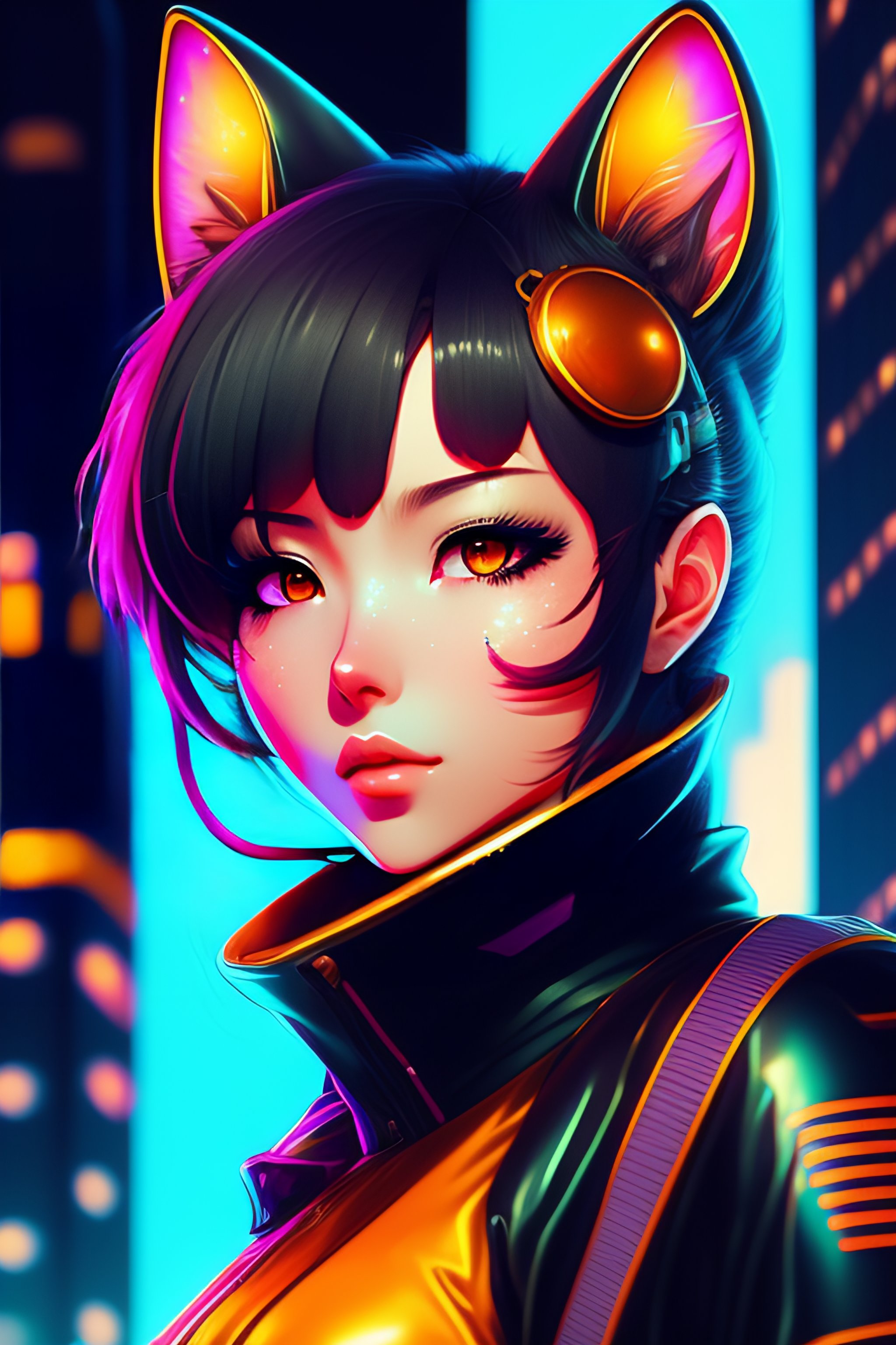 Lexica - Portrait of a Cute Anime Cyberpunk Cat Girl in a Retro Future ...