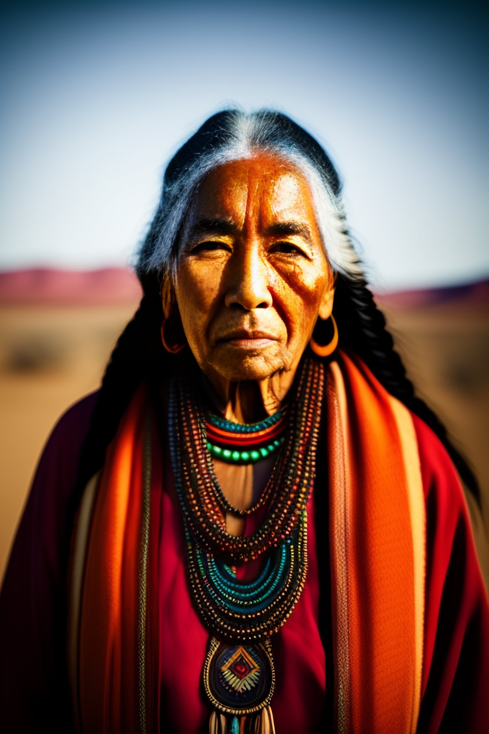 Lexica - Old native American lady looking at the camera, filled with ...