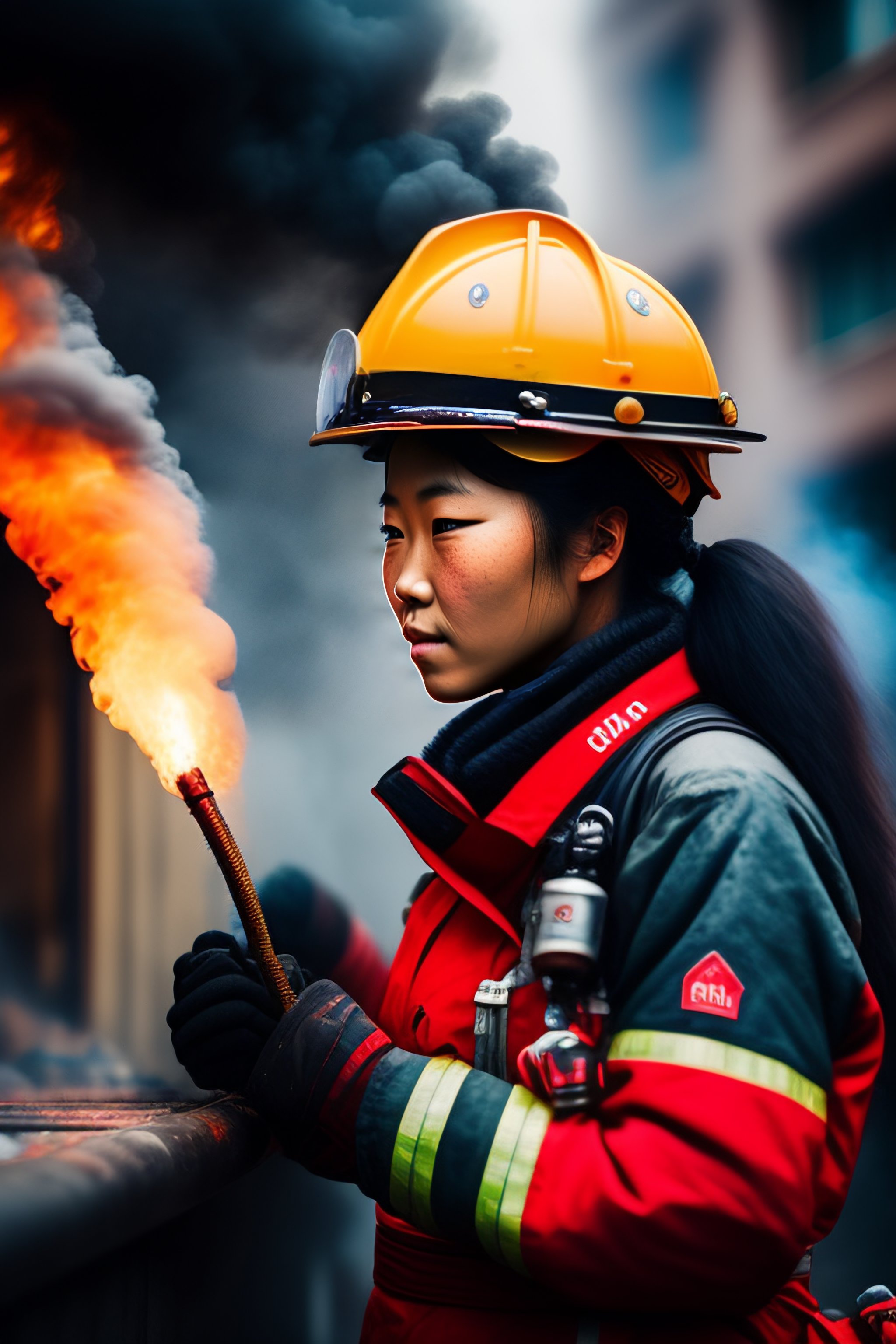 Lexica - A black chinese gipsy girl firefighter extinguising a fire in ...