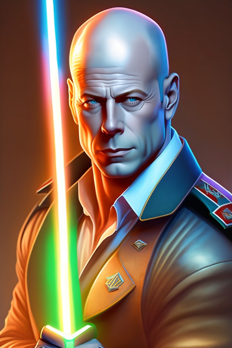 Lexica - Bruce Willis holding lightsaber, jedj, jedi Knight, pose