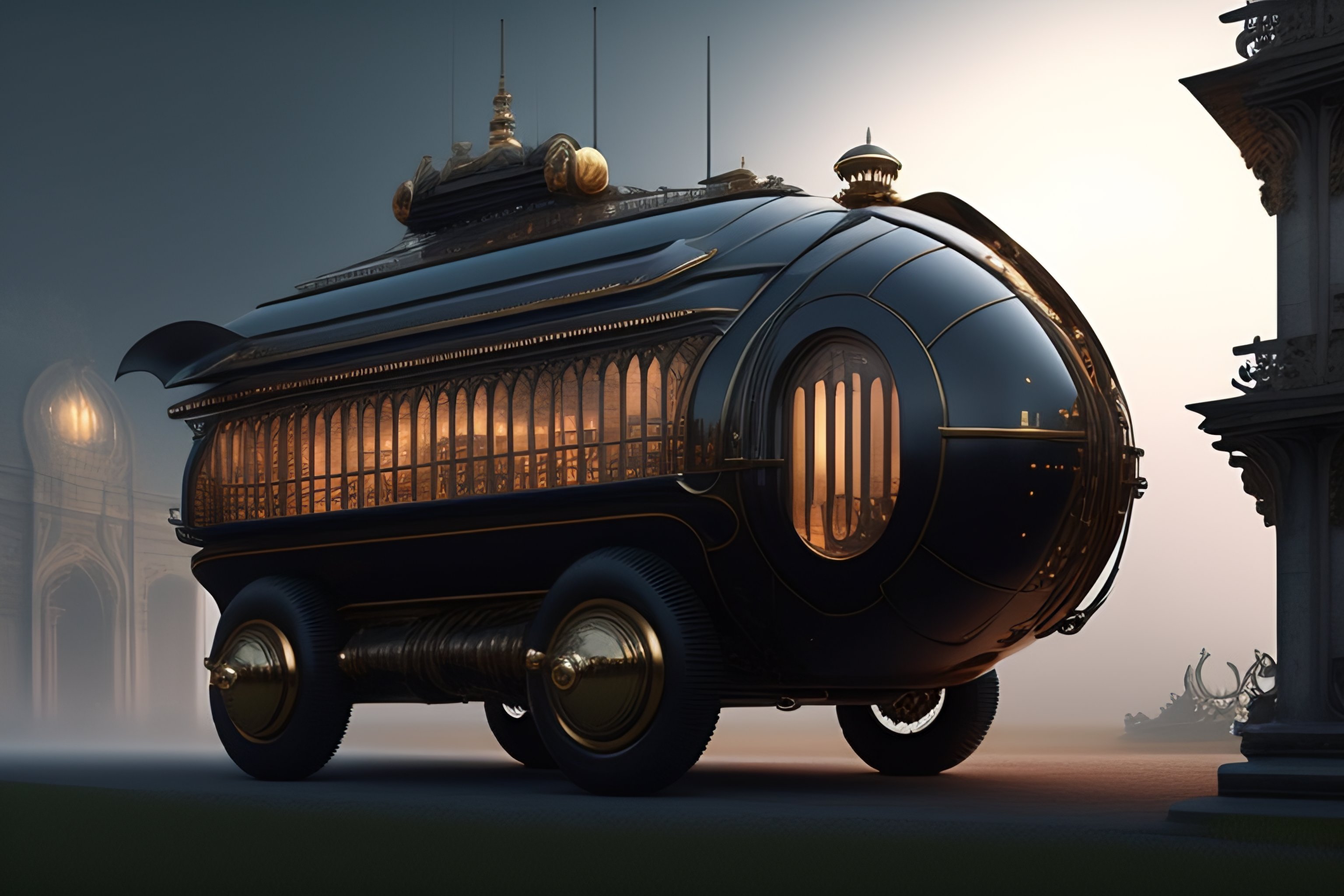 Lexica - Wide shot of a minimal biomechanical steampunk vehicle ...