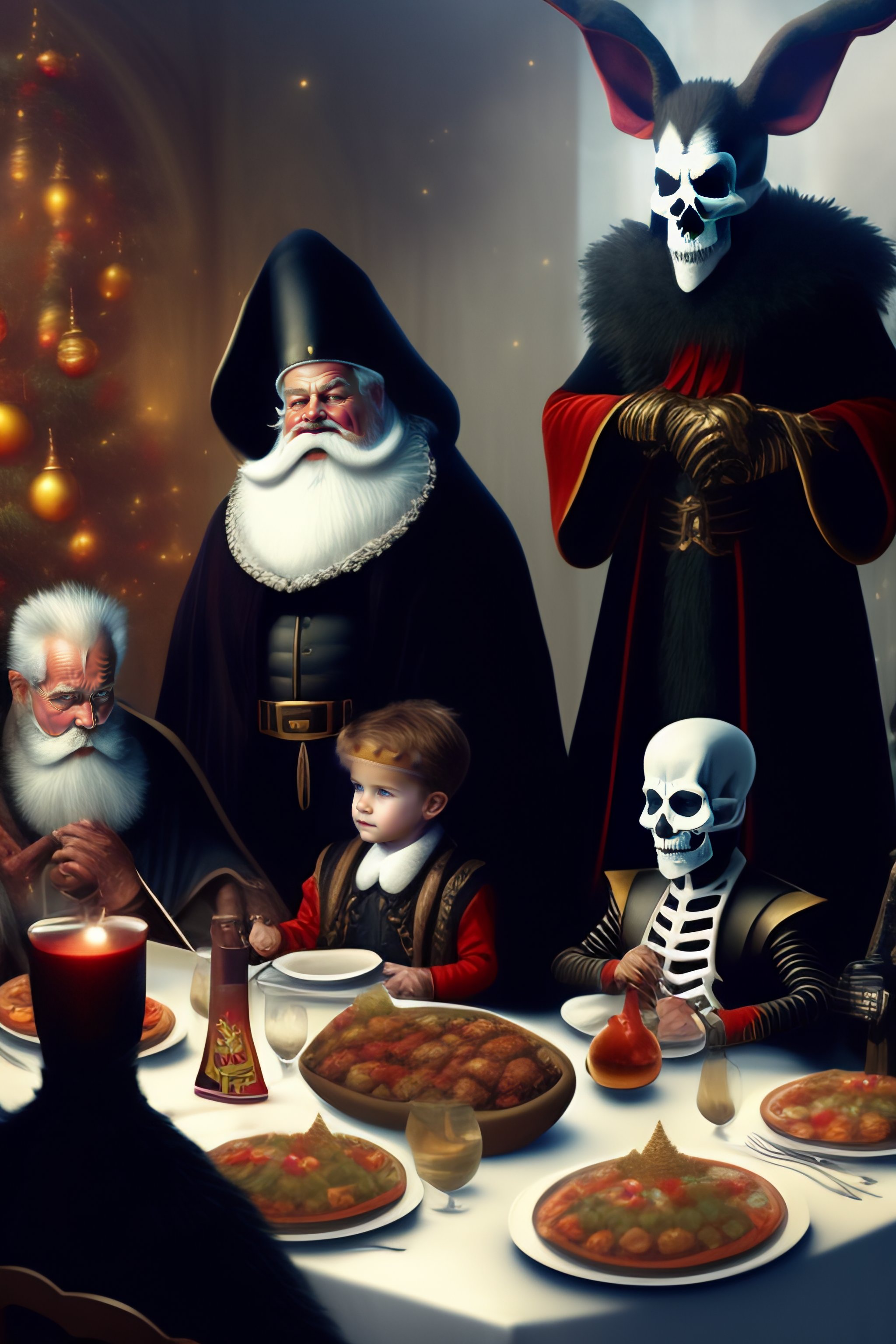 Lexica - Skeletal Grim Reaper in a dark robe, Santa Claus, Easter Bunny ...