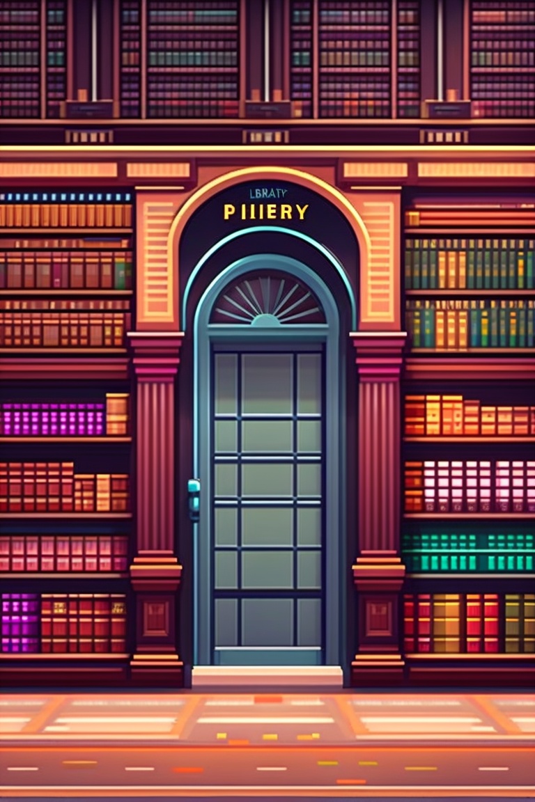 Lexica - Library background with multiple seat in row, pixel art