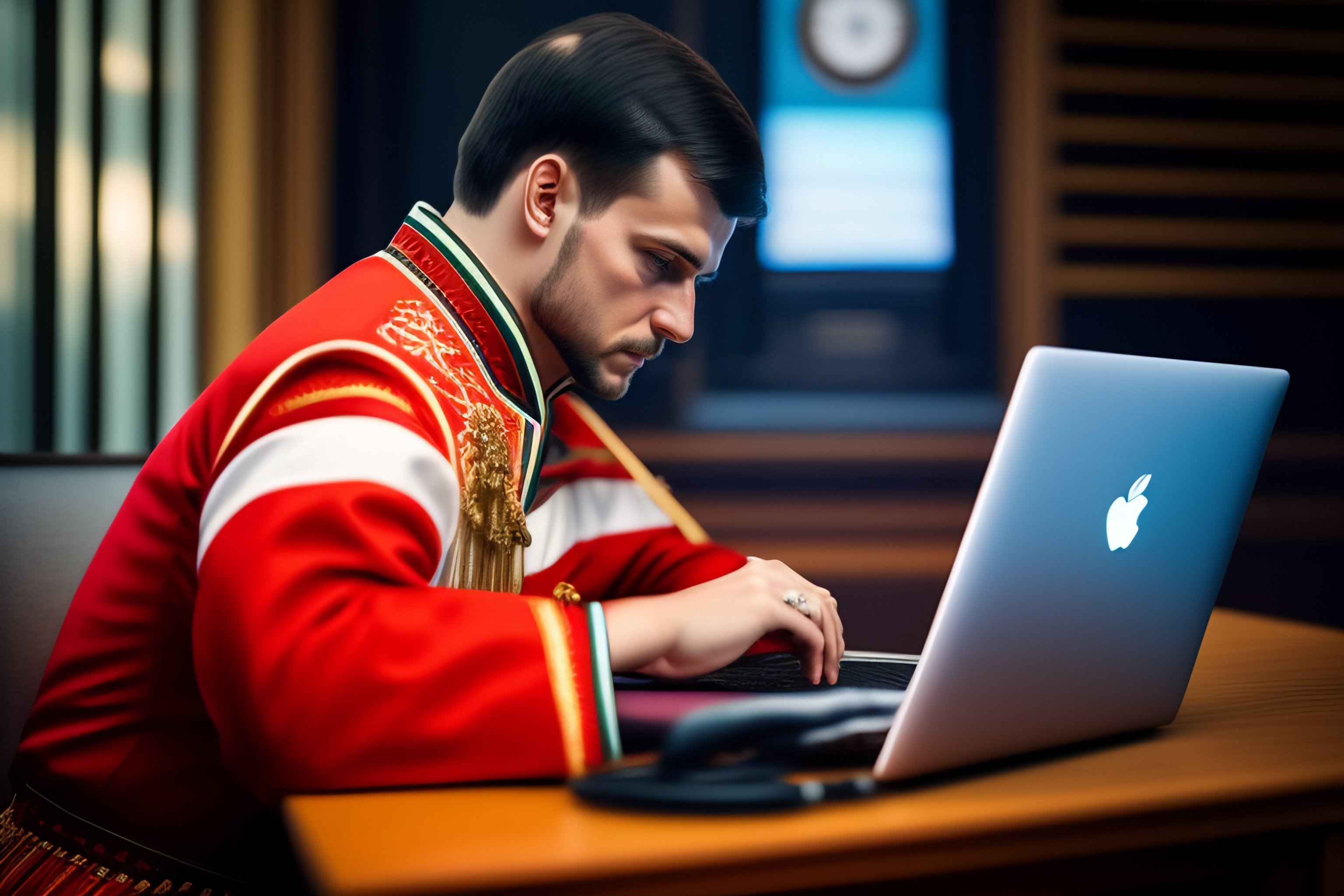Lexica - Belarusian programmer in national outfit is working on his laptop