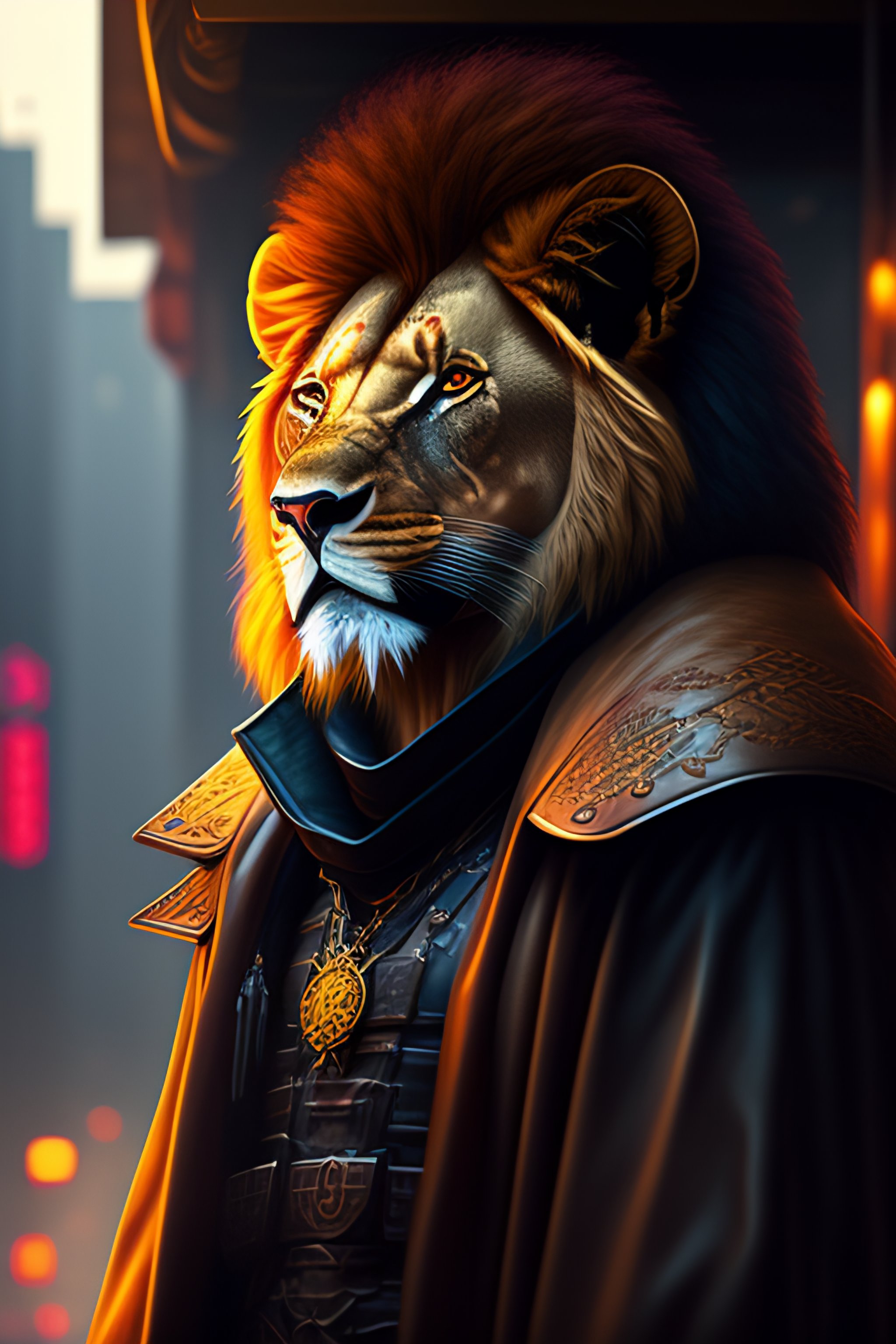 Lexica - Ronin lion entering a cyberpunk saloon