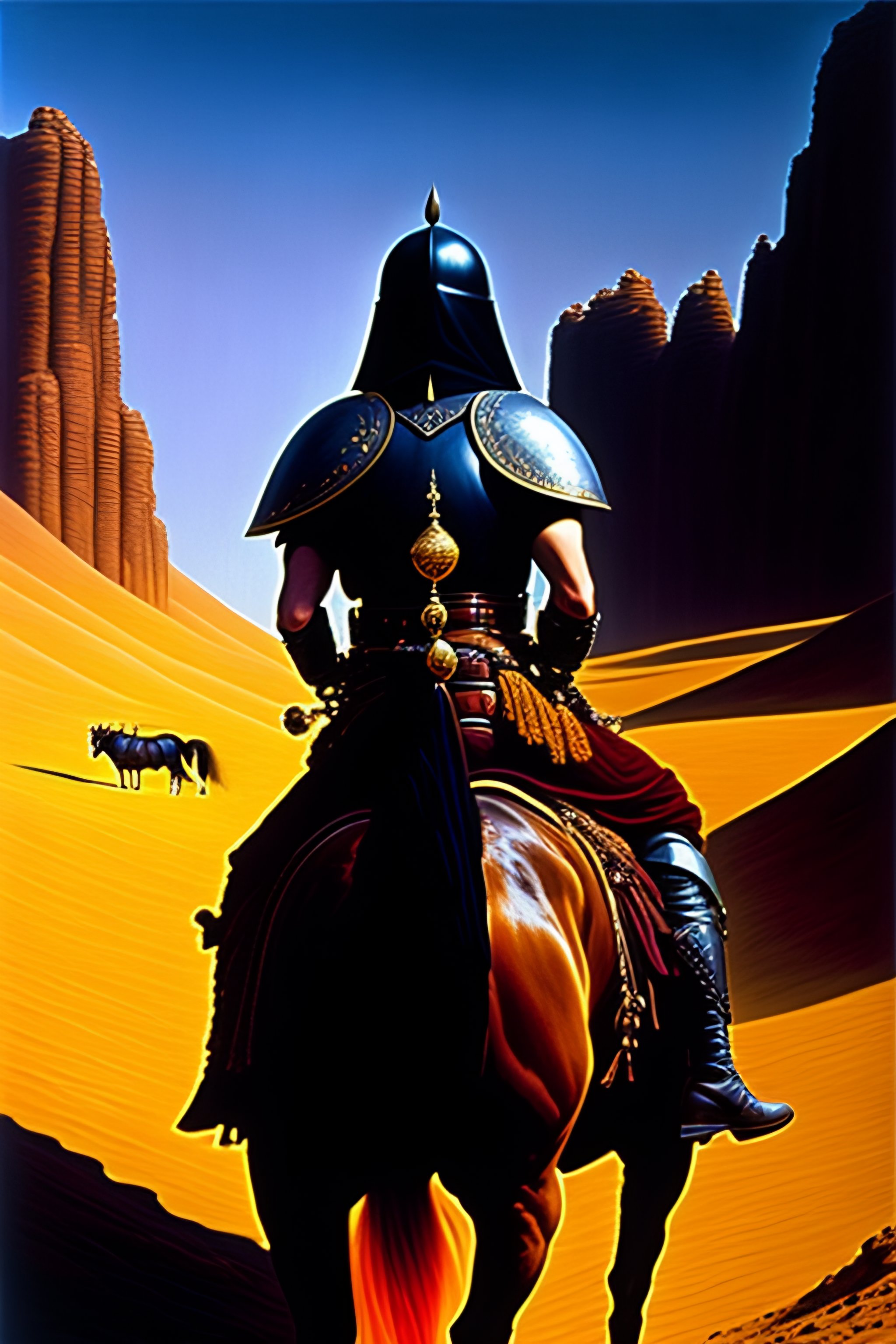 Lexica - A black knight riding hia steed through a hostile, barren and ...