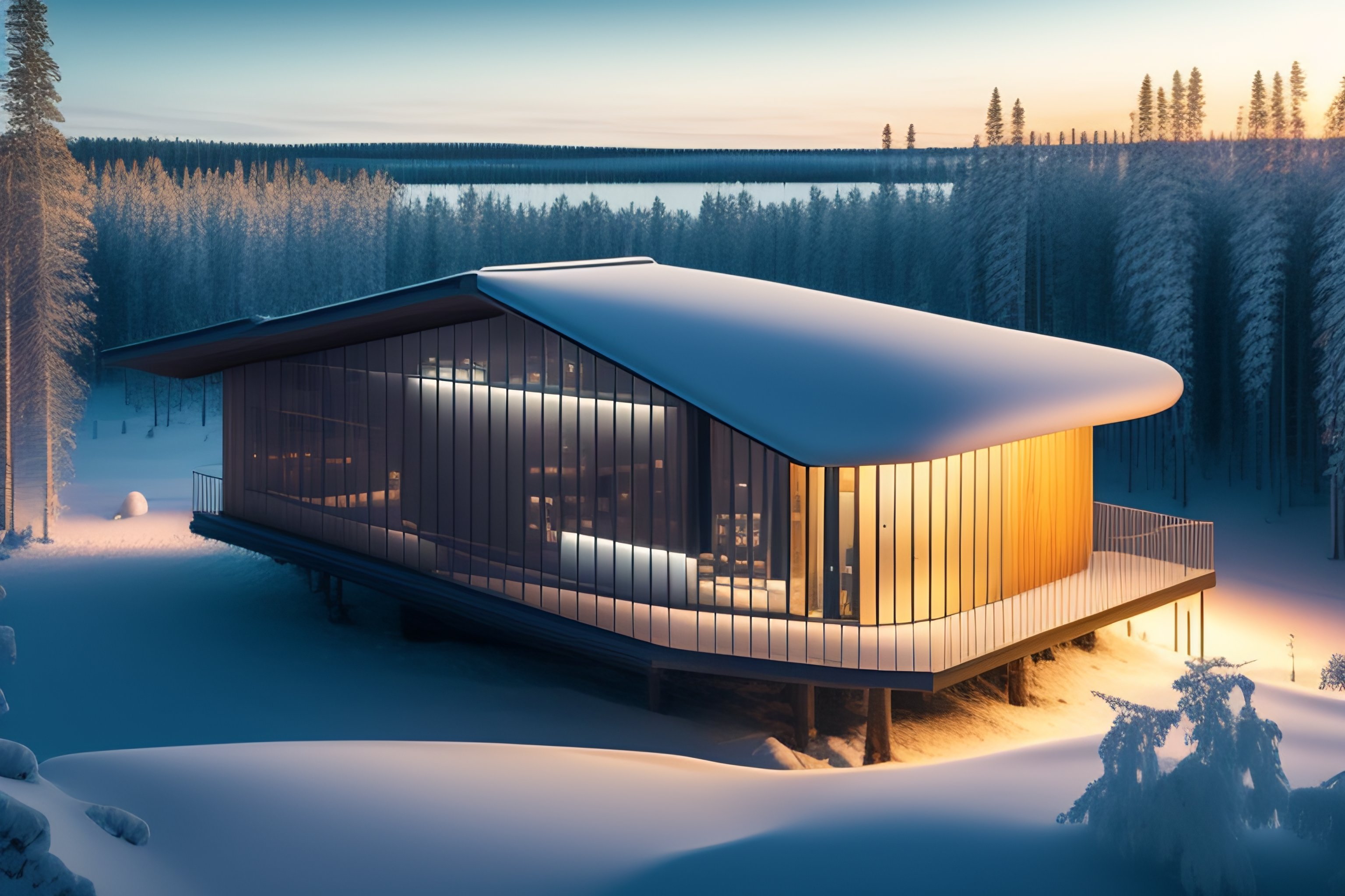 Lexica - A wide image of a full innovative 3D contemporary cabin, hyper ...