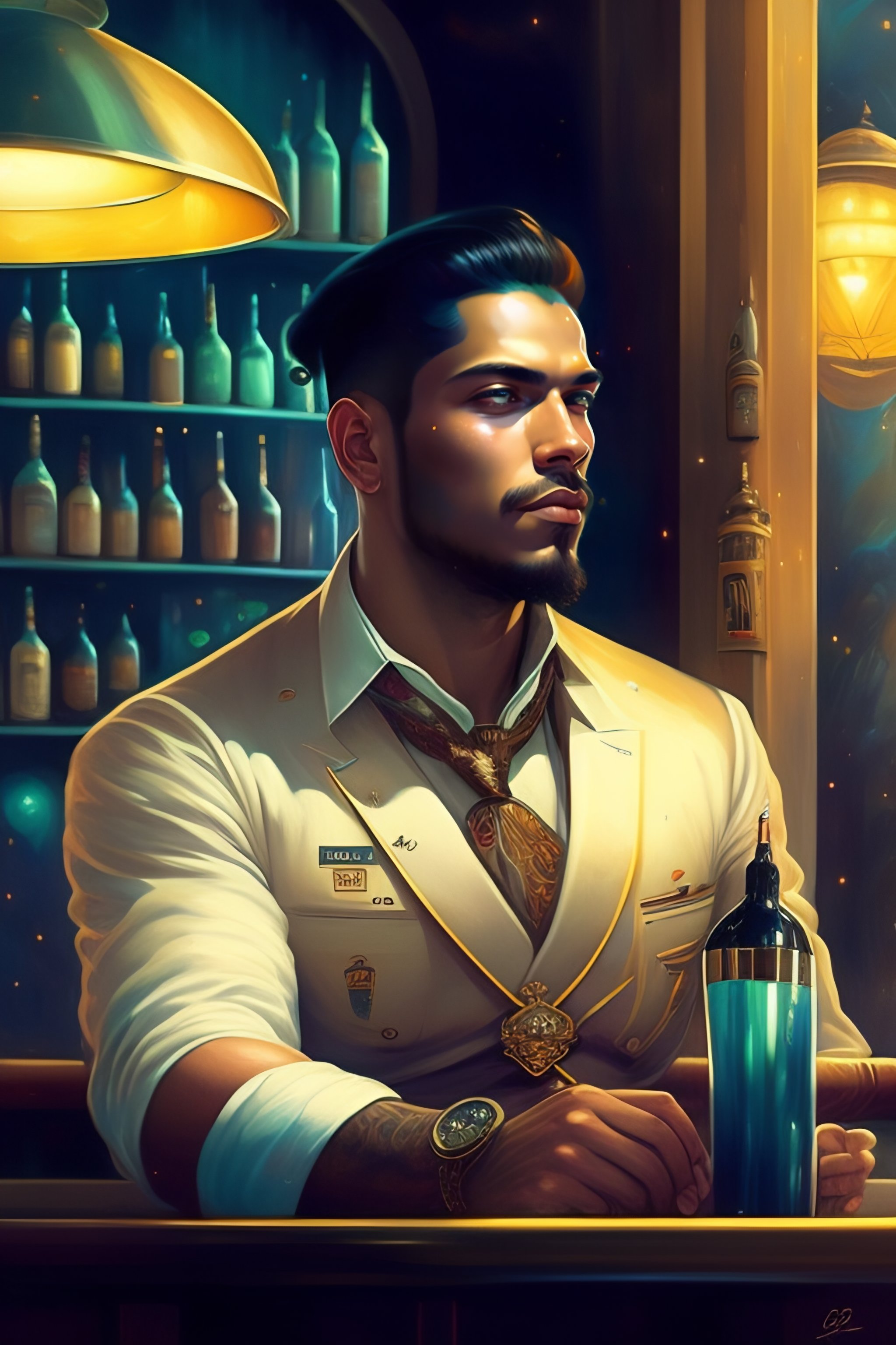 Lexica - A full-length Brazilian barman man in a bar ,drinking near a ...