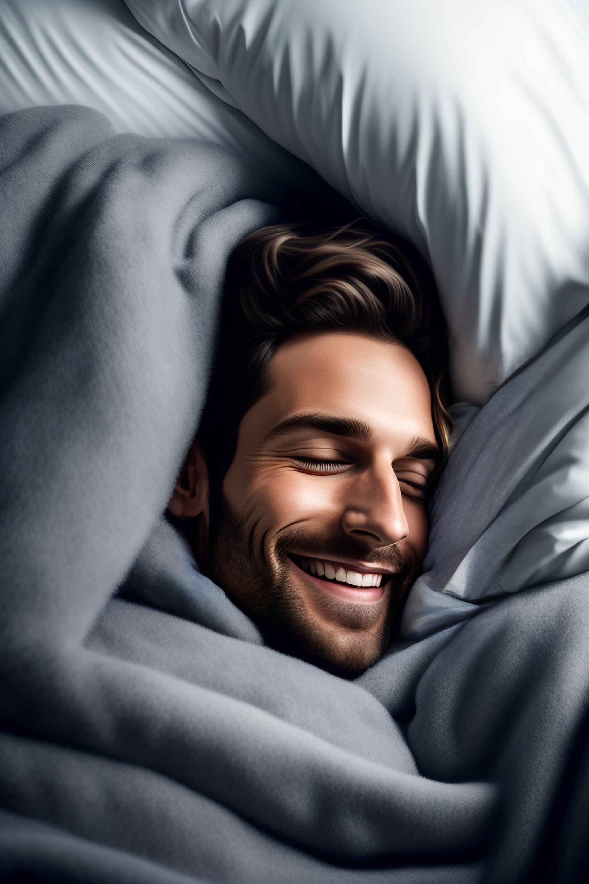 Lexica - Happy man slepping in a bed with thin grey blanket that hugs ...