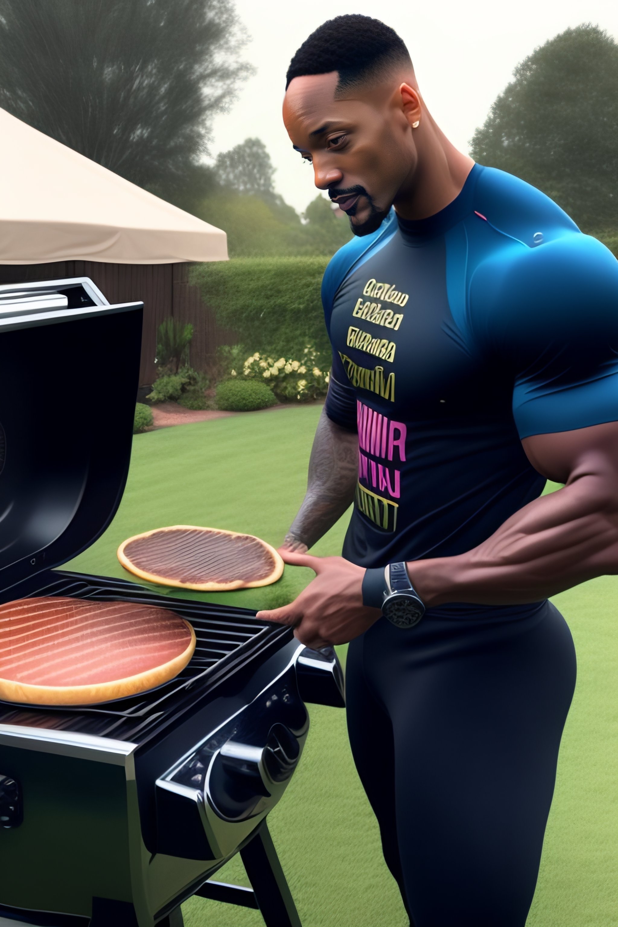 Lexica - A skinny Will Smith cooking burgers on a barbecue in his backyard