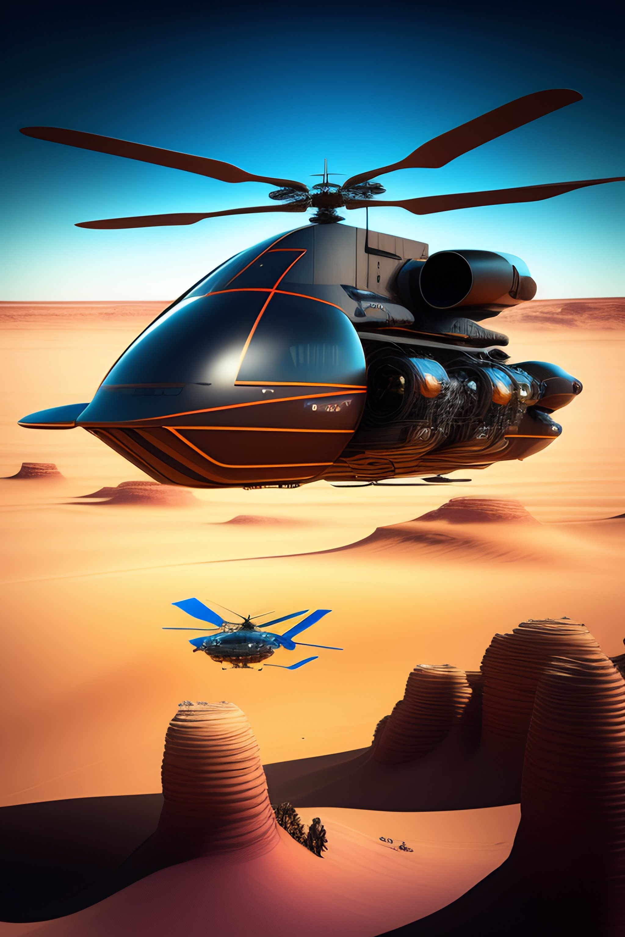 Lexica - Cyberpunk flying helicopter flying through the desert in ty ...