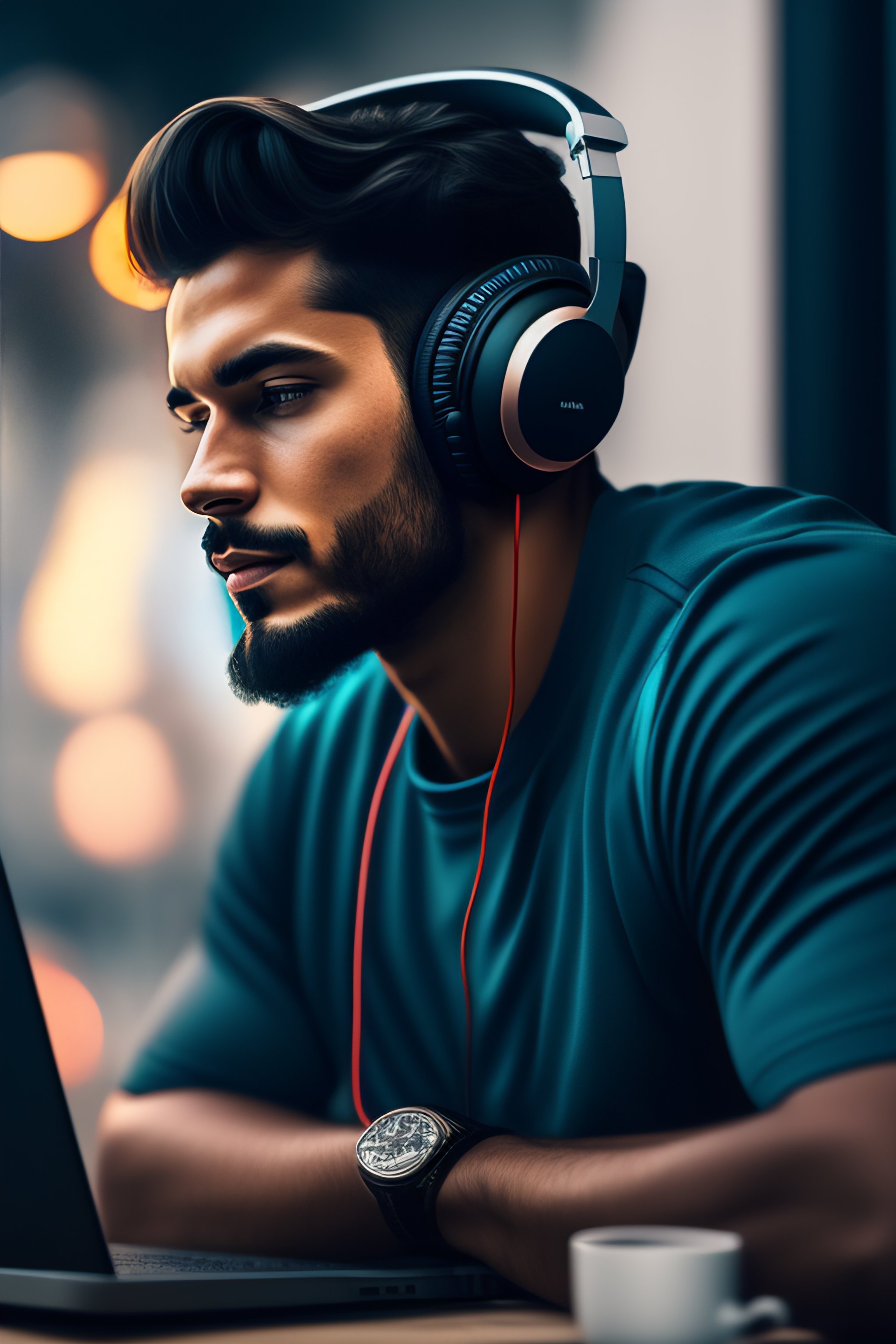 Lexica - Portrait of a coder sitting in front of his laptop with his bi ...
