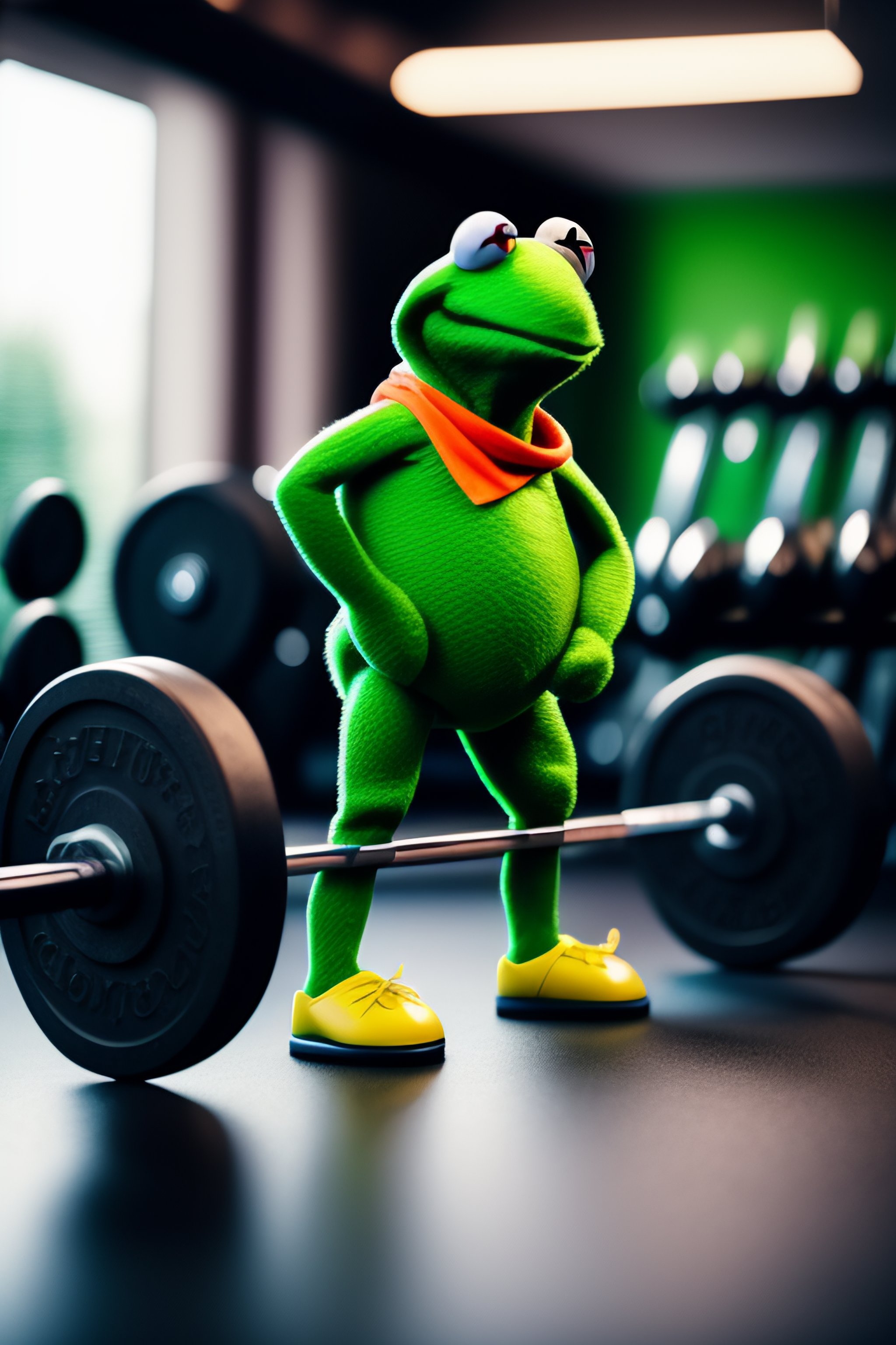 Lexica - Kermit the Frog doing deadlifts swole at a luxury gym, portra ...