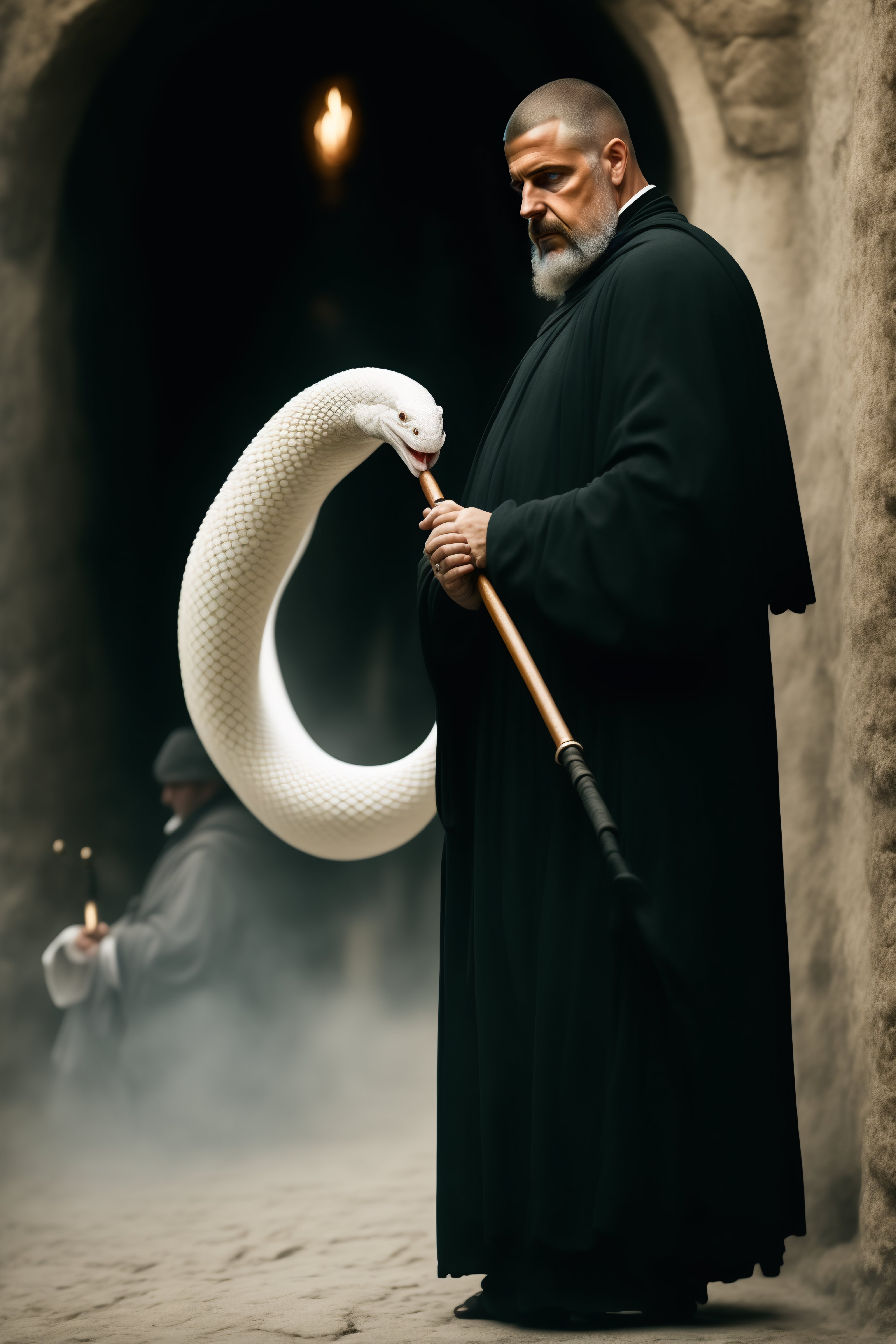 Lexica - One Greek monk in dark robe hold a staff that has a white ...