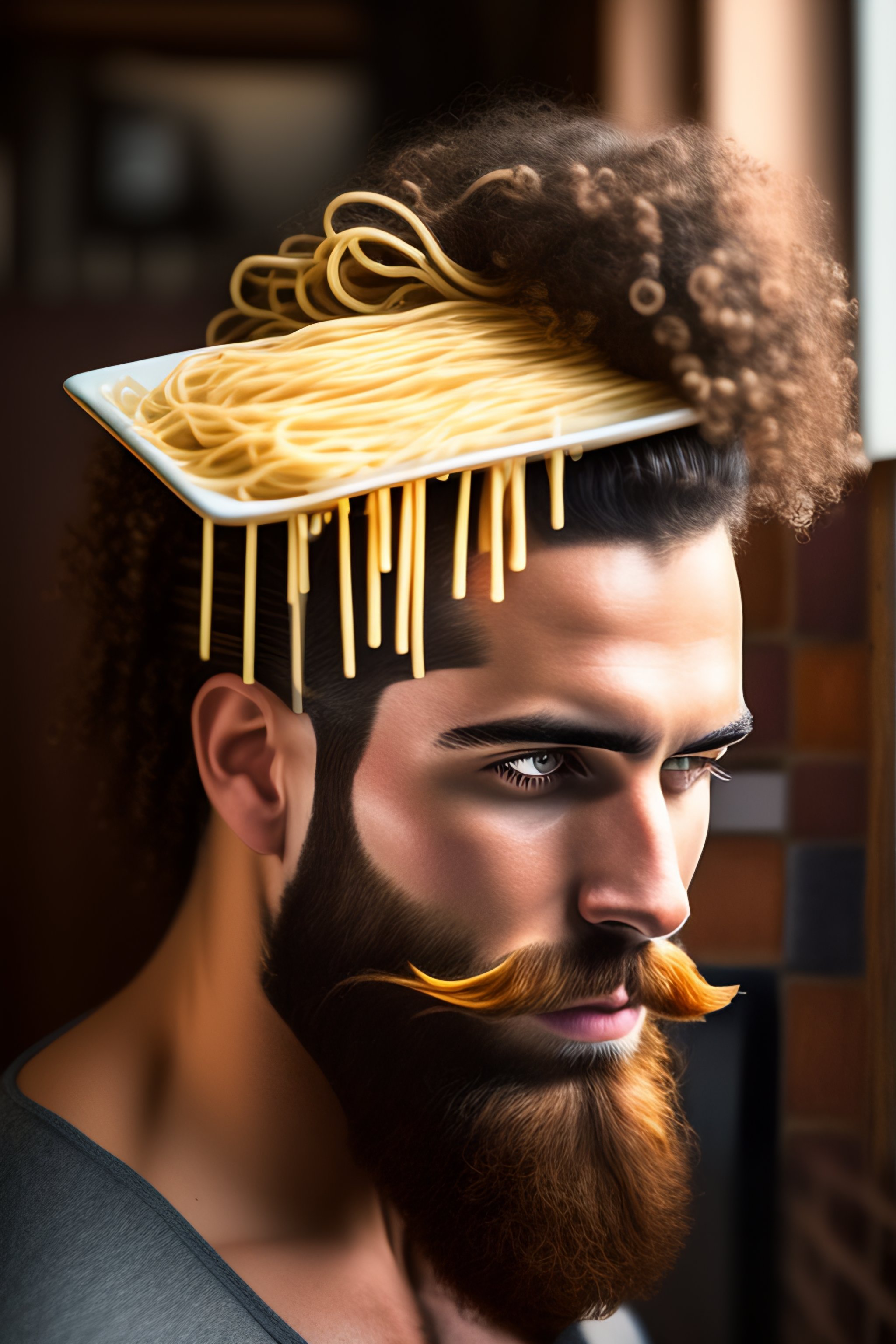Lexica - Bearded man bearded curly square hair man eat spaghetti carbonnara