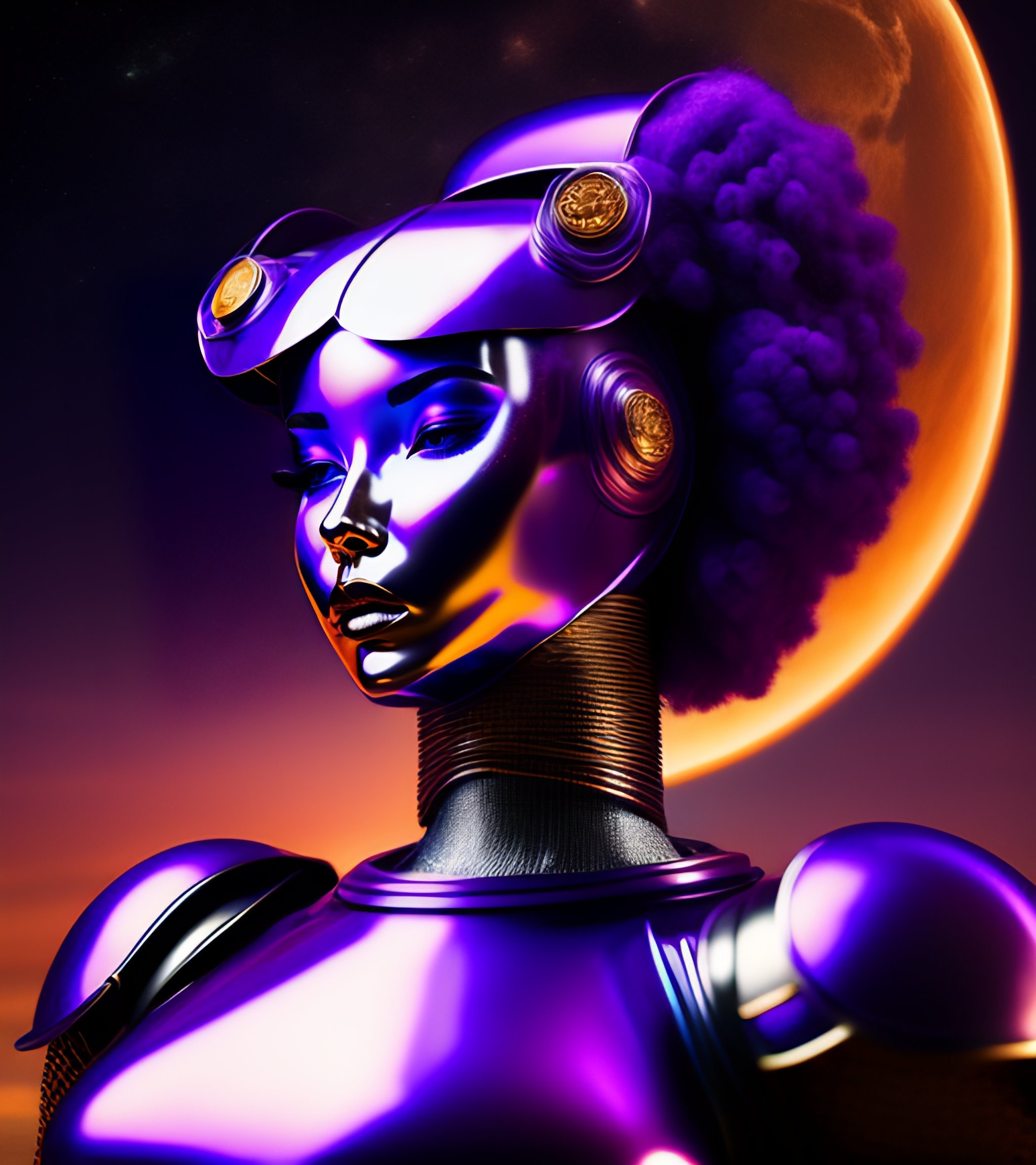Lexica - Portrair a metallic purple girl robot whith th moon