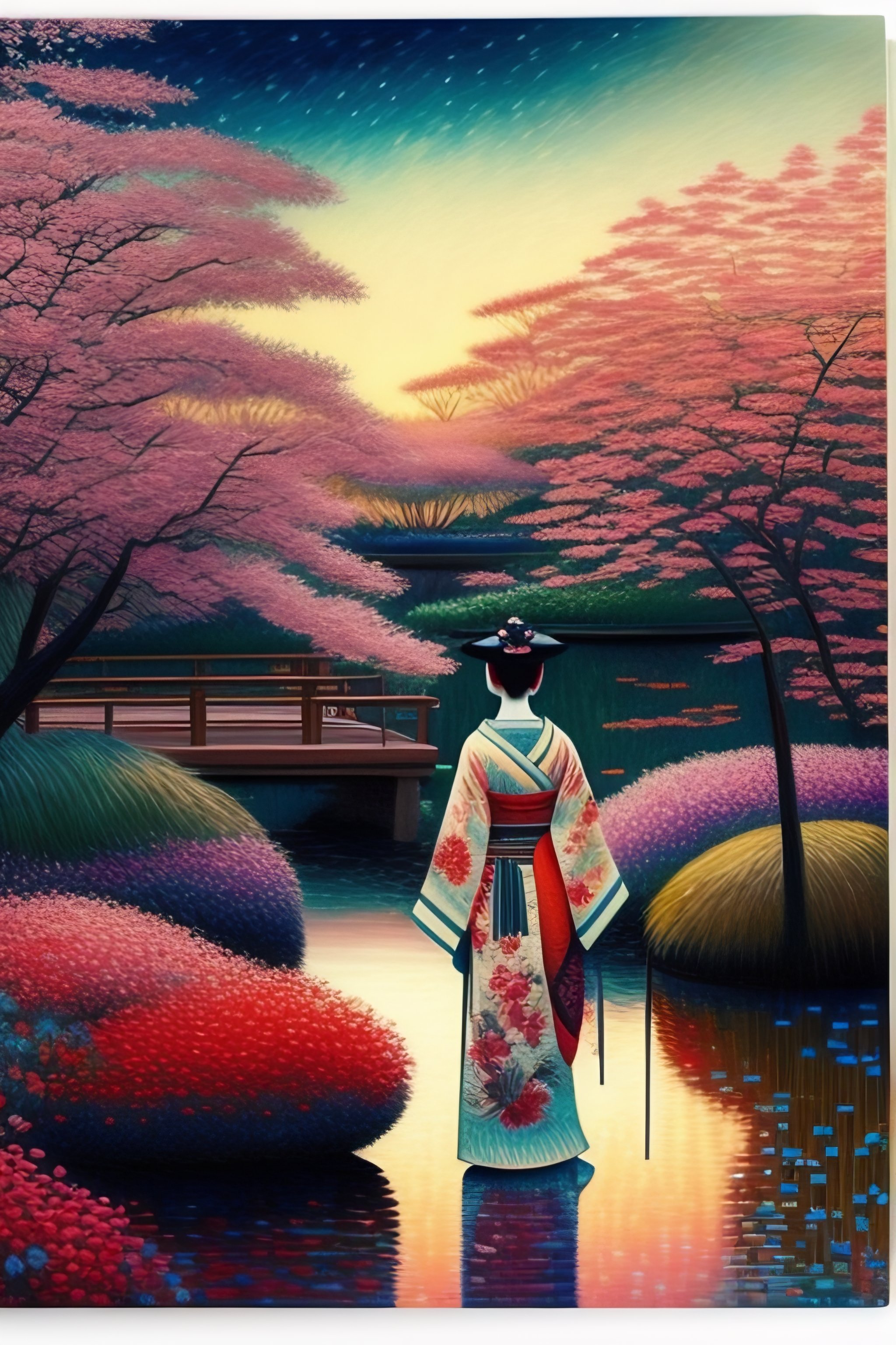 Lexica - Drawing of a geisha walking at sunset through a Japanese ...