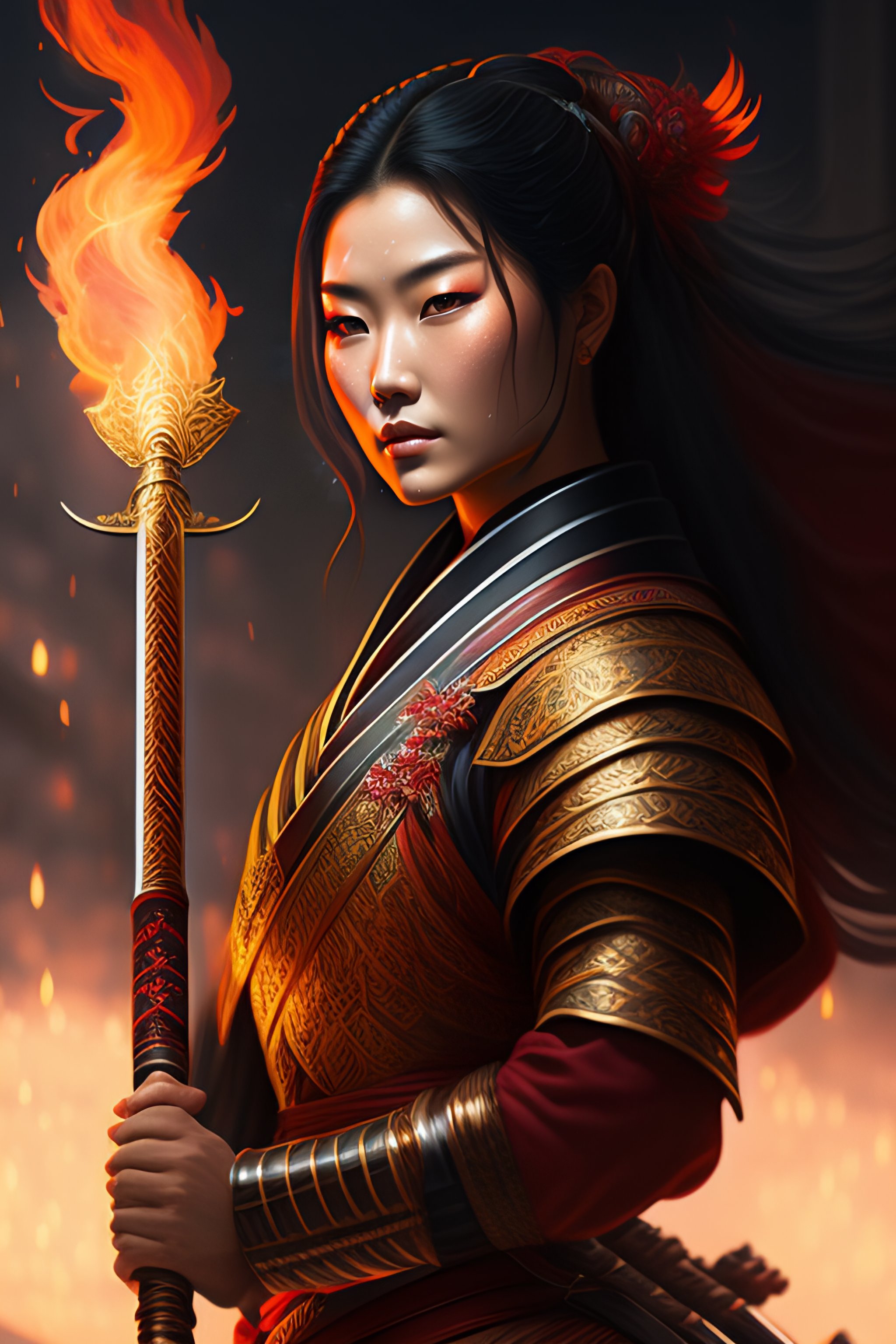 Lexica - A detailed picture of a female samurai holding a flaming ...