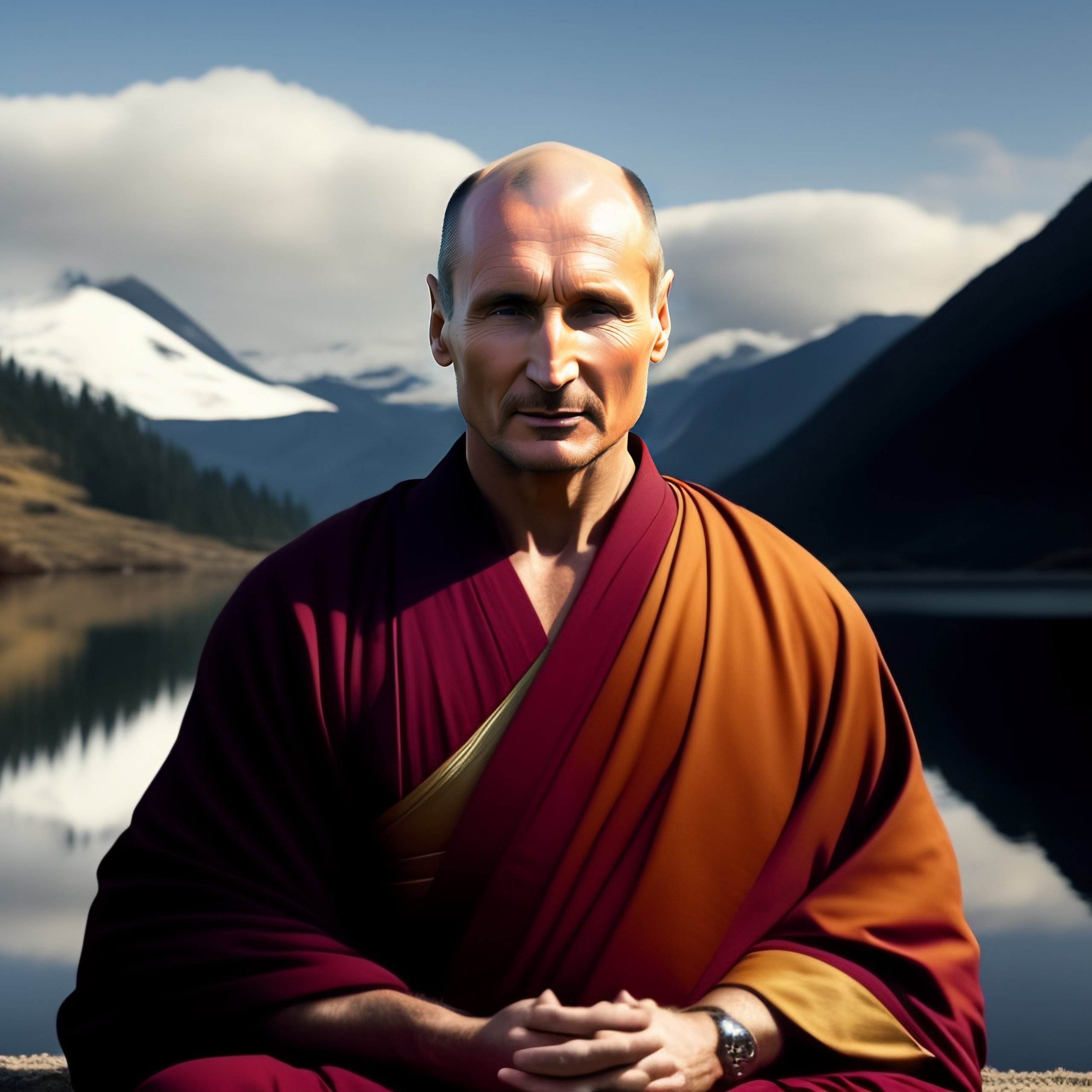 Lexica - Liam Neeson as a bald Buddhist priest practicing meditation ...