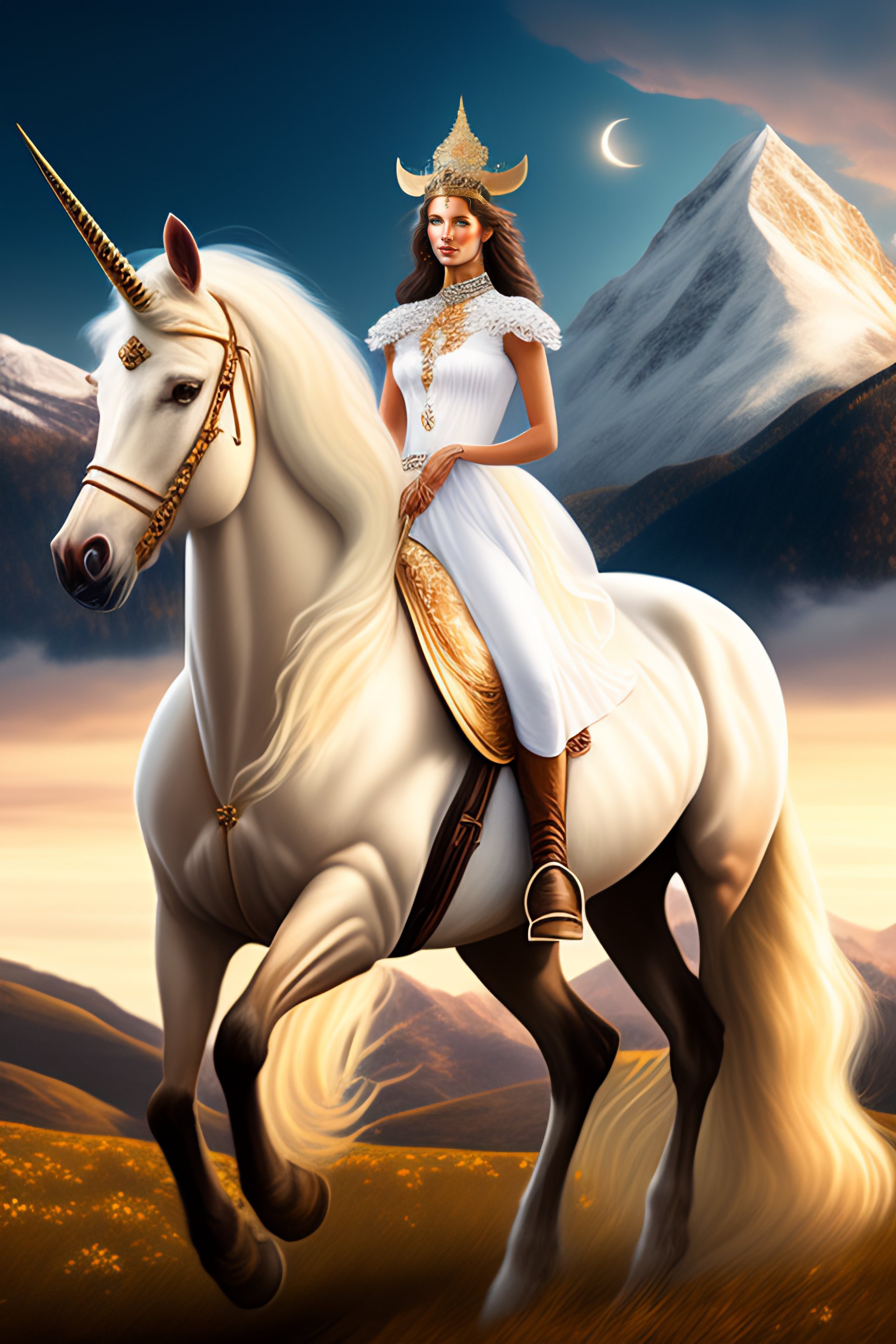 Lexica - A woman riding a white unicorn, brown hair, cream colored goddess dress and star crown ...