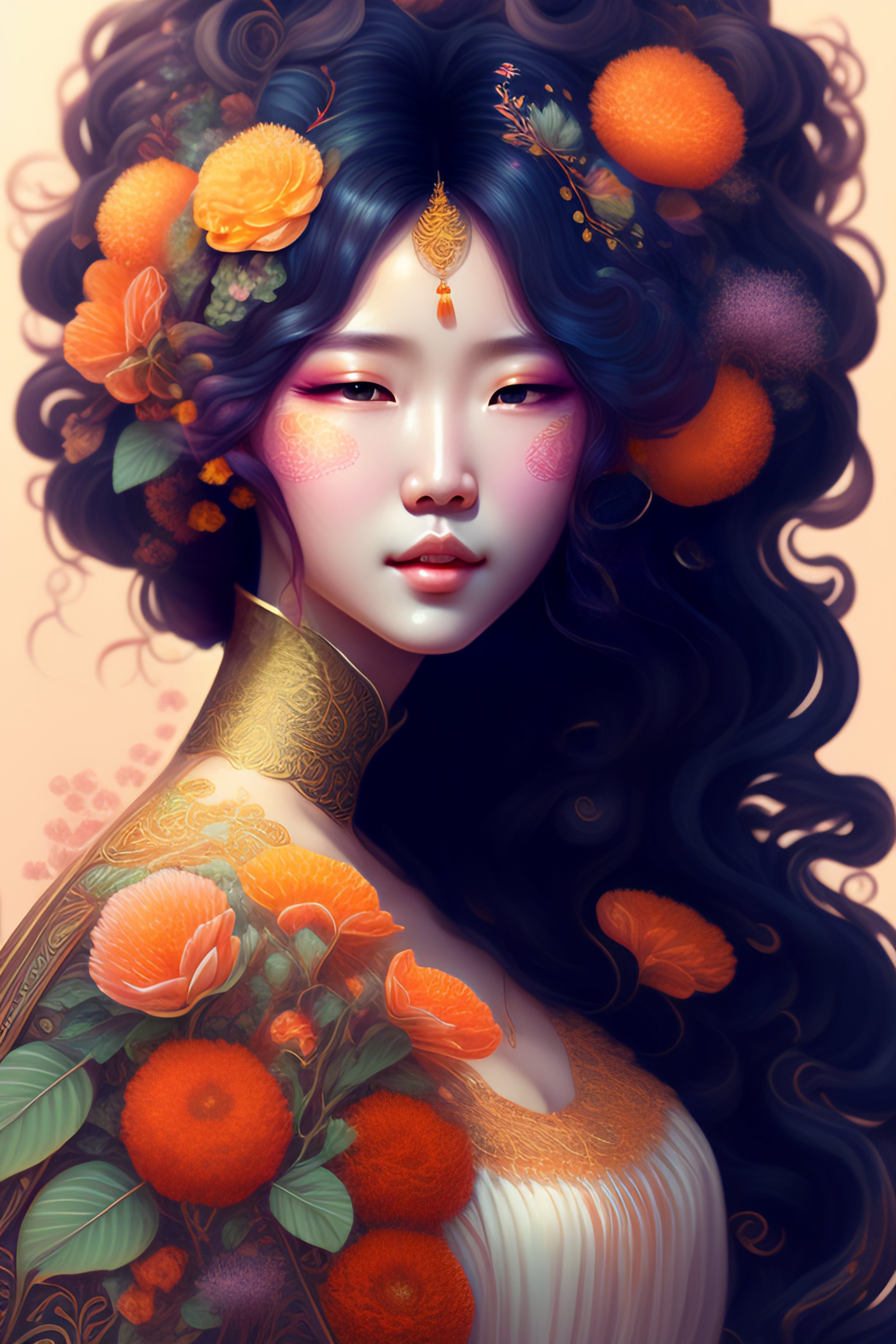 Lexica - Beautiful cute front portrait Korean ninfa, big long curly ...