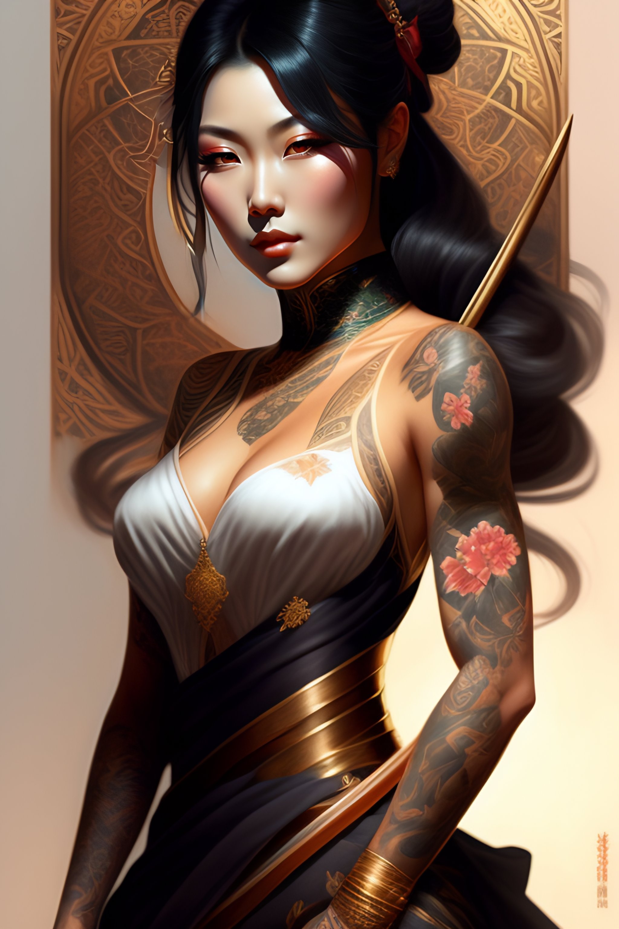 Lexica - Tattooed yakuza girl holding a katana, intricate, elegant, highly detailed, digital ...
