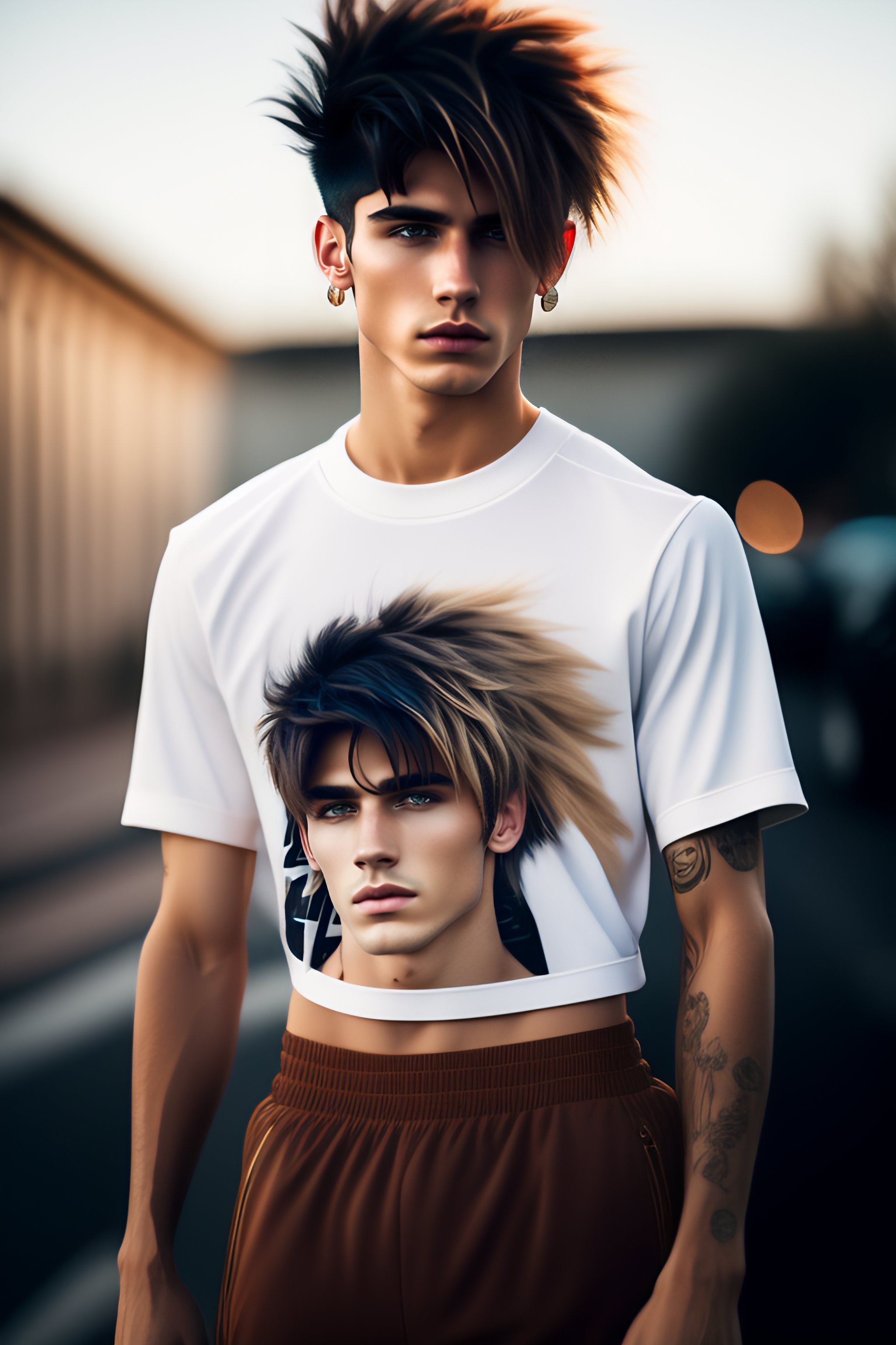 Lexica - White Emo boy mullet Brown Hair in crop top, in street , HD ...