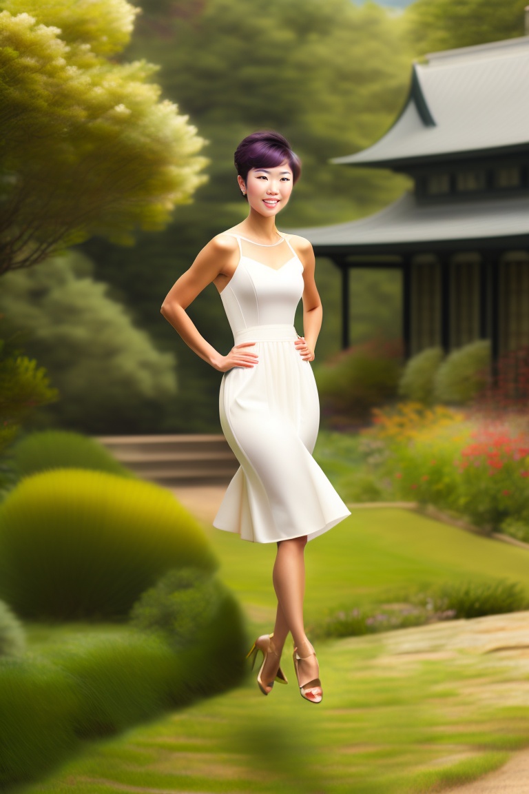 Lexica - Full sundress, asian physique, athletic, pixie cut hairstyle, barefoot