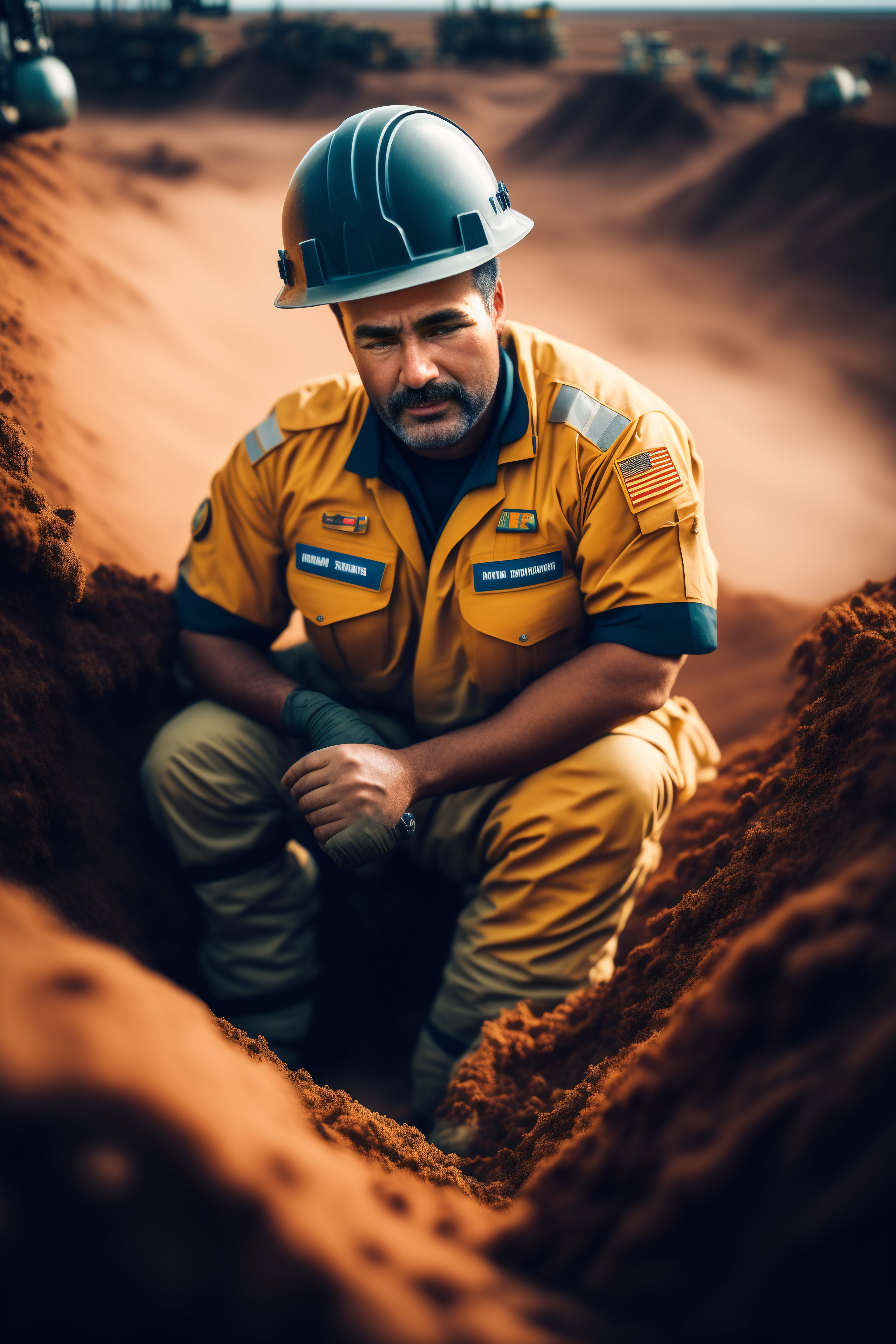 Lexica - Sitting oil rig worker in a uniform with short sleeves ...