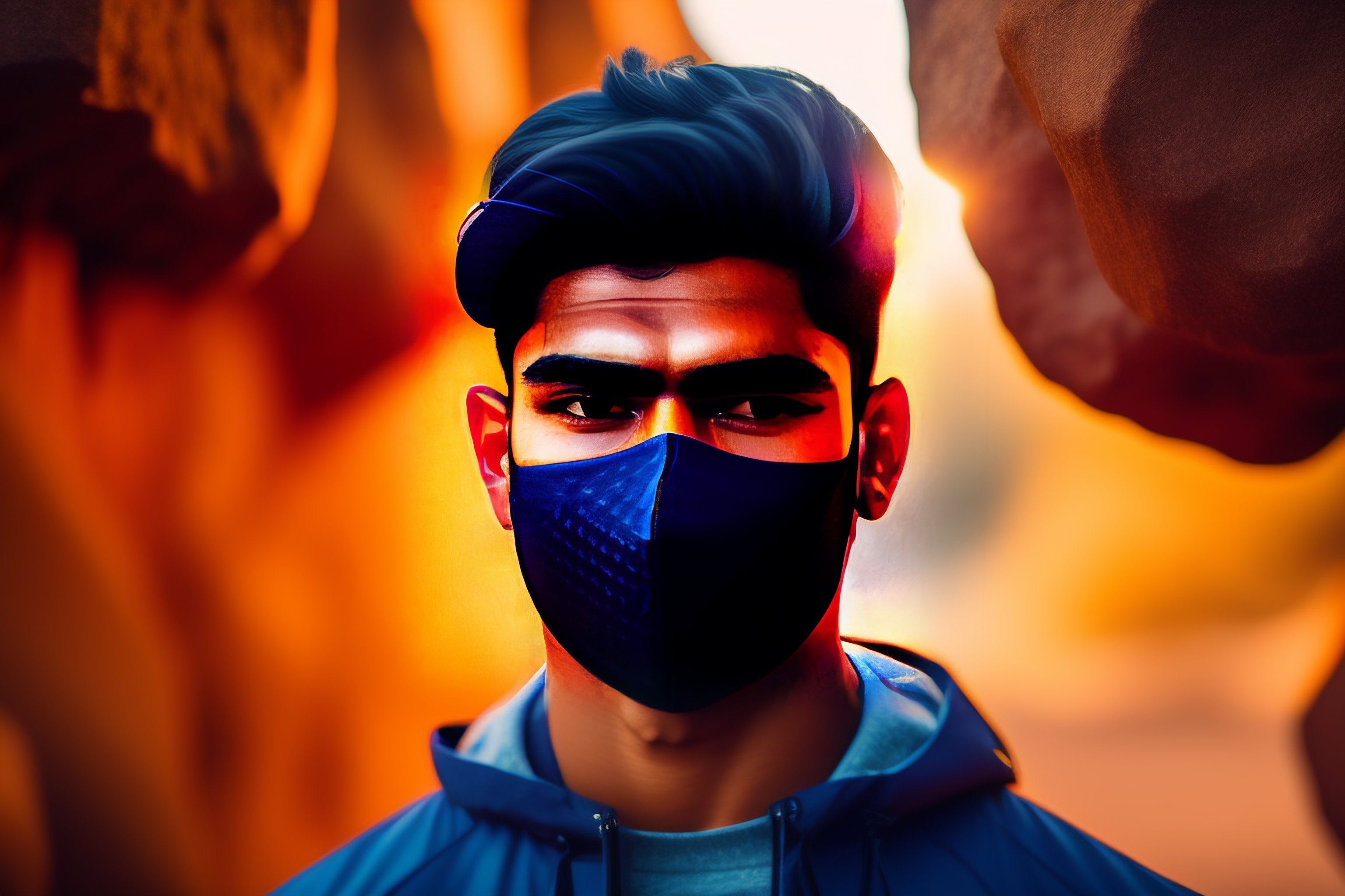 Lexica - A young man wearing a face mask standing in front of large ...