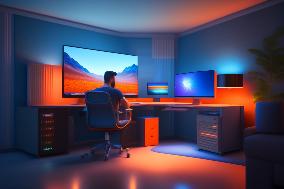 Lexica - A man sitting in a chair in front of a editing computer setup ...