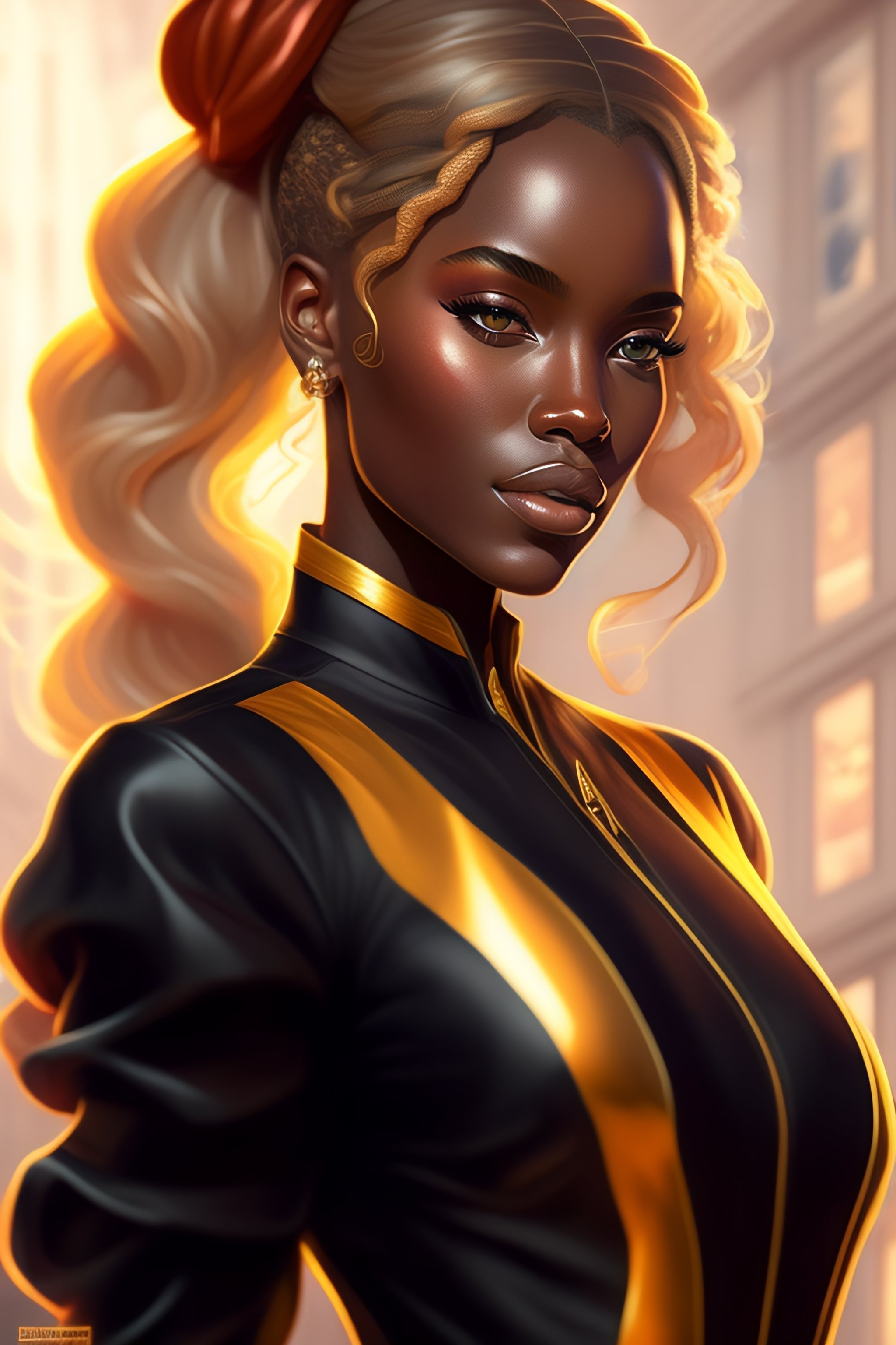 Lexica - Portrait of blonde black girl, jump suit, vivid eyes, real ...