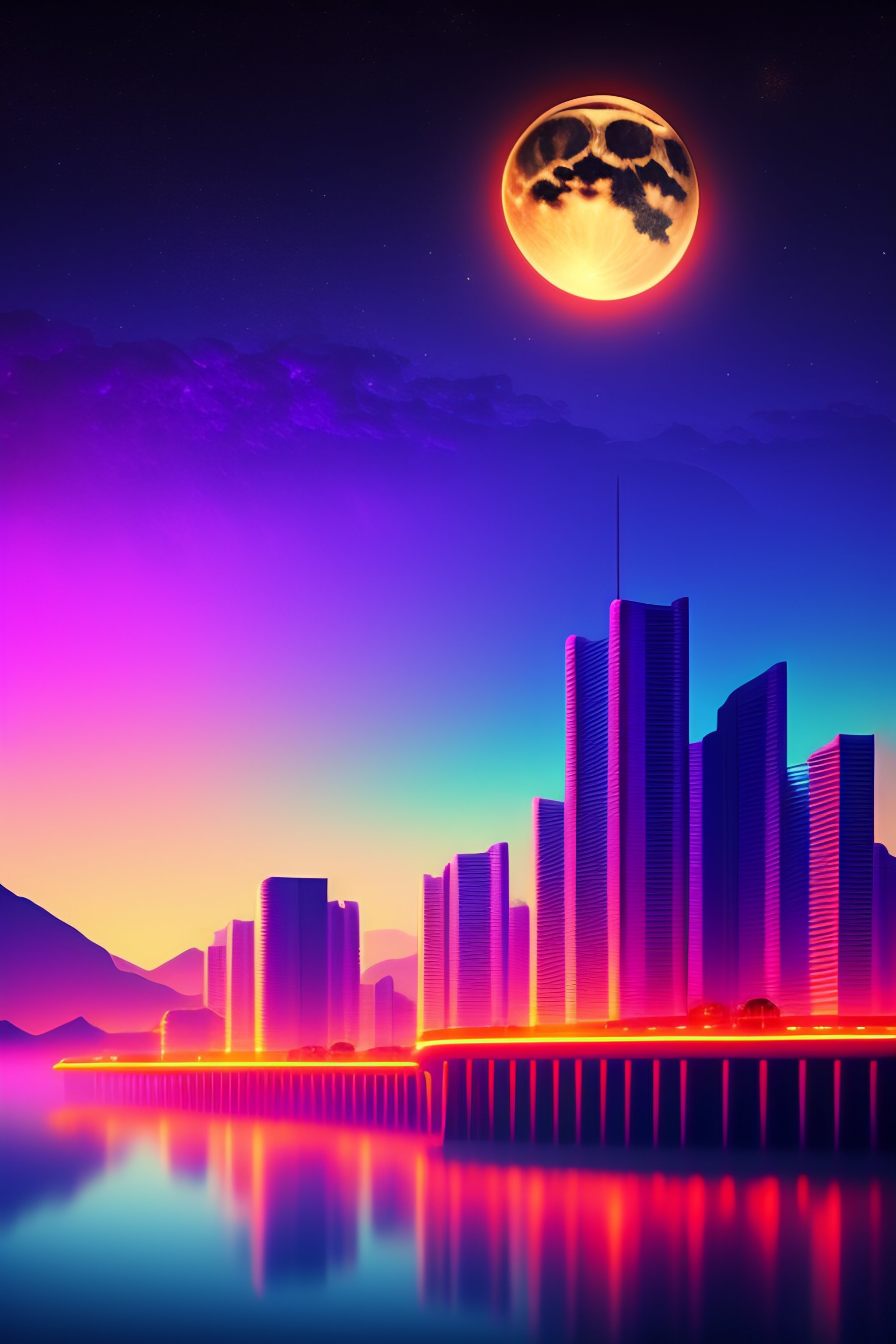 Lexica - Synthwave town with moon background, sharp focus,