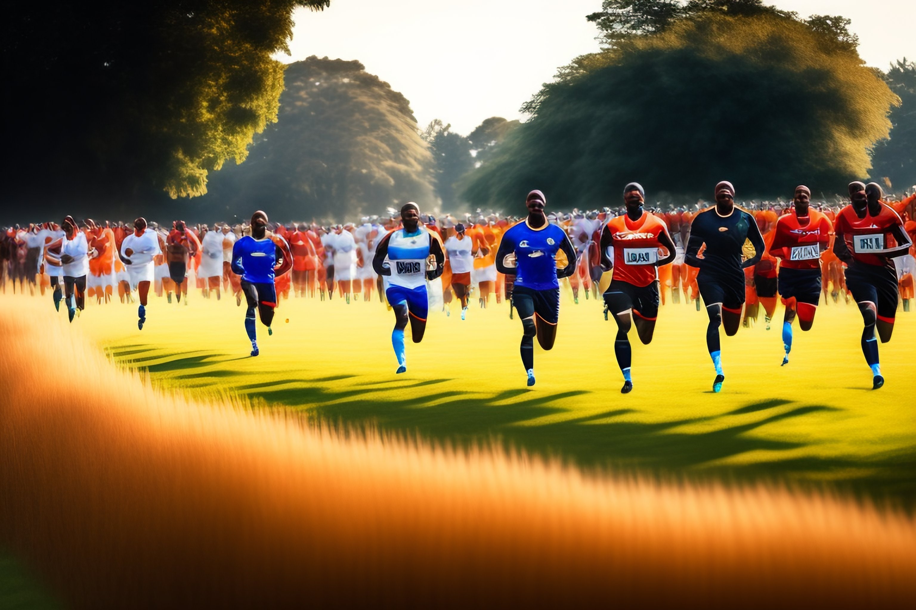 Lexica - A lot of men and women chasing, front view, grass ground, sun ...