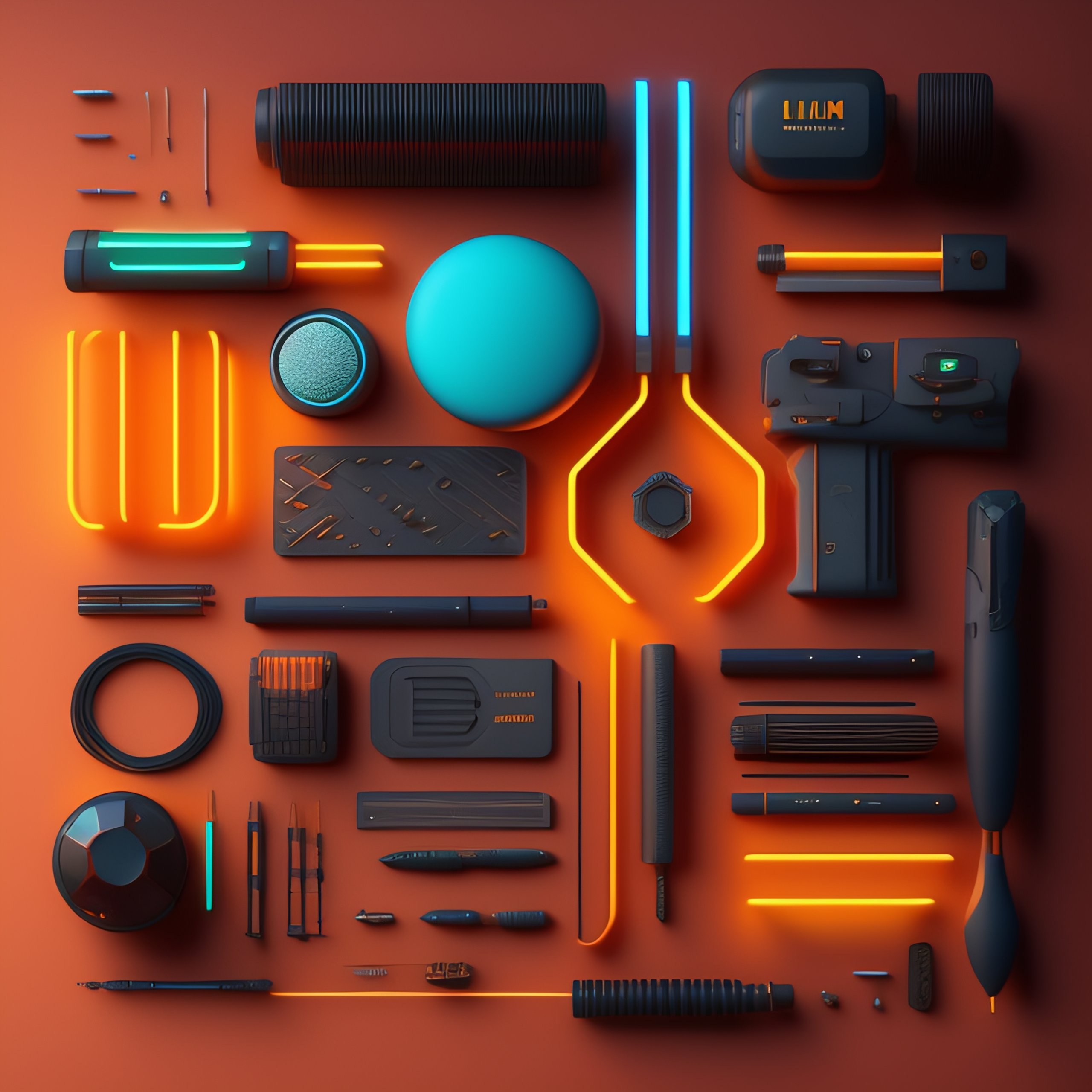 Lexica - Futuristic neon tools, Costumes and props, Knolling, Knolling ...
