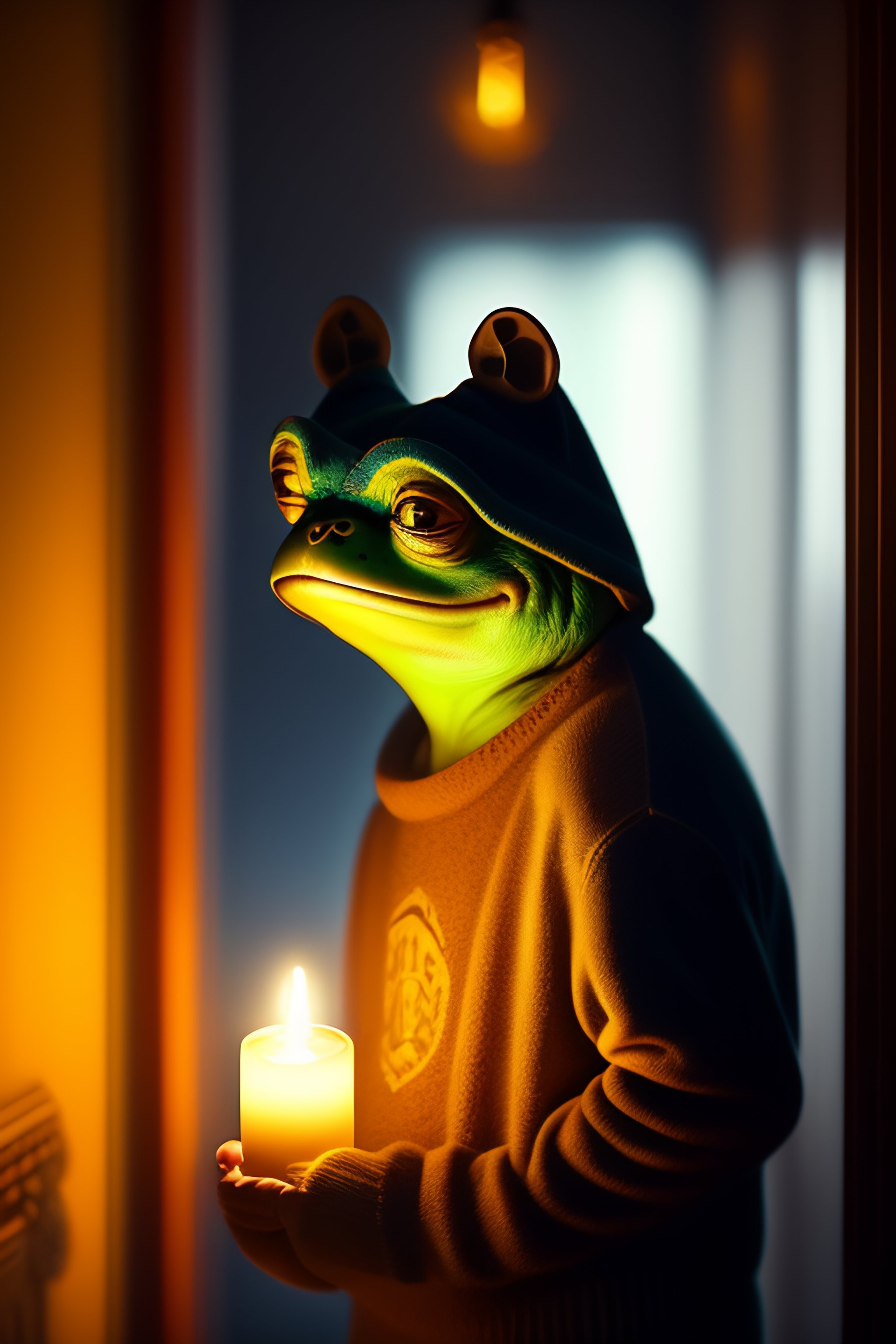 Lexica - An exhausted pepe the frog in his studio walking down his ...