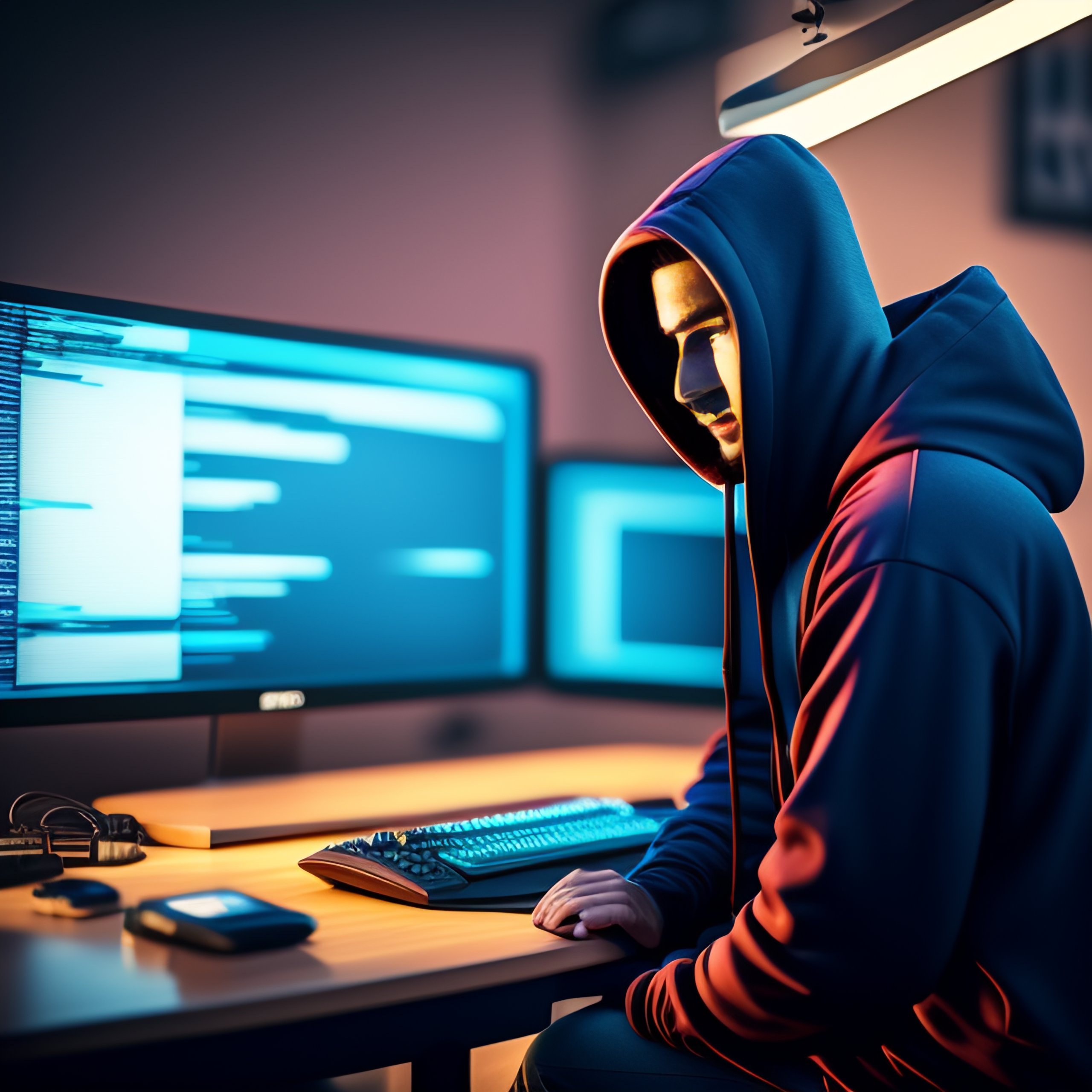 Lexica - Hacker in a hoodie in front of a computer