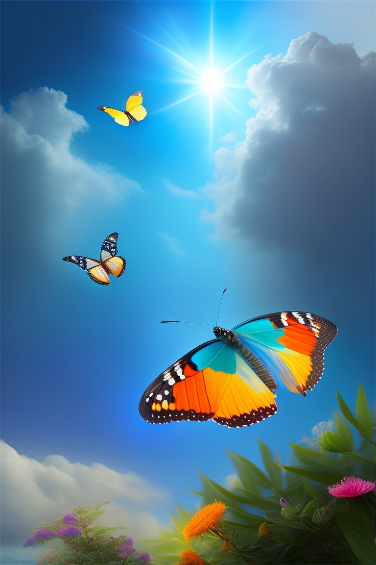 Lexica - Morning sun, blue sky, natural seenay, butterflies, birds