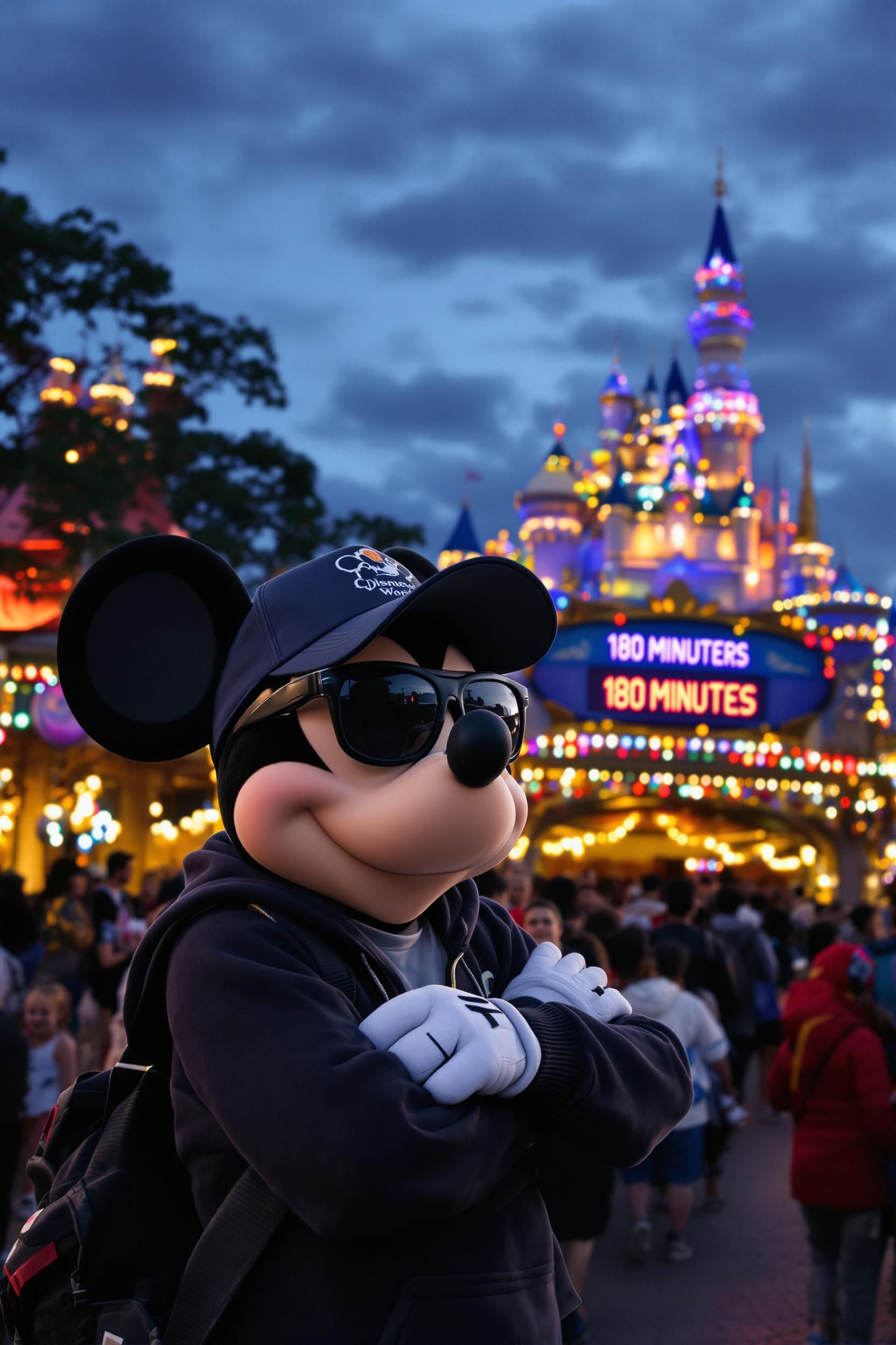 Lexica - Mickey Mouse waiting in line at Disney World, wearing ...