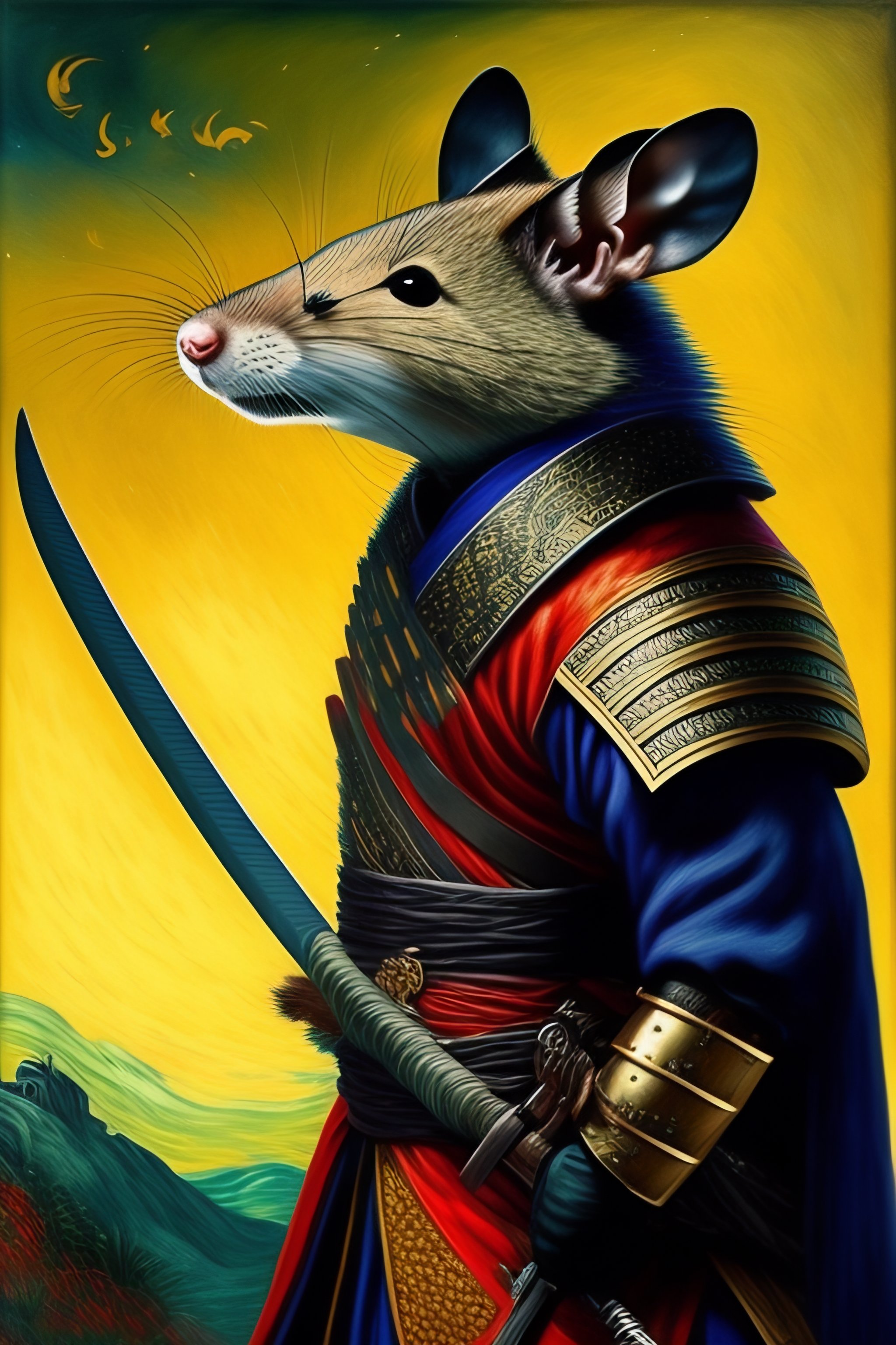 Lexica - Assassin rat with a samurai suite, with a katana, van gogh style