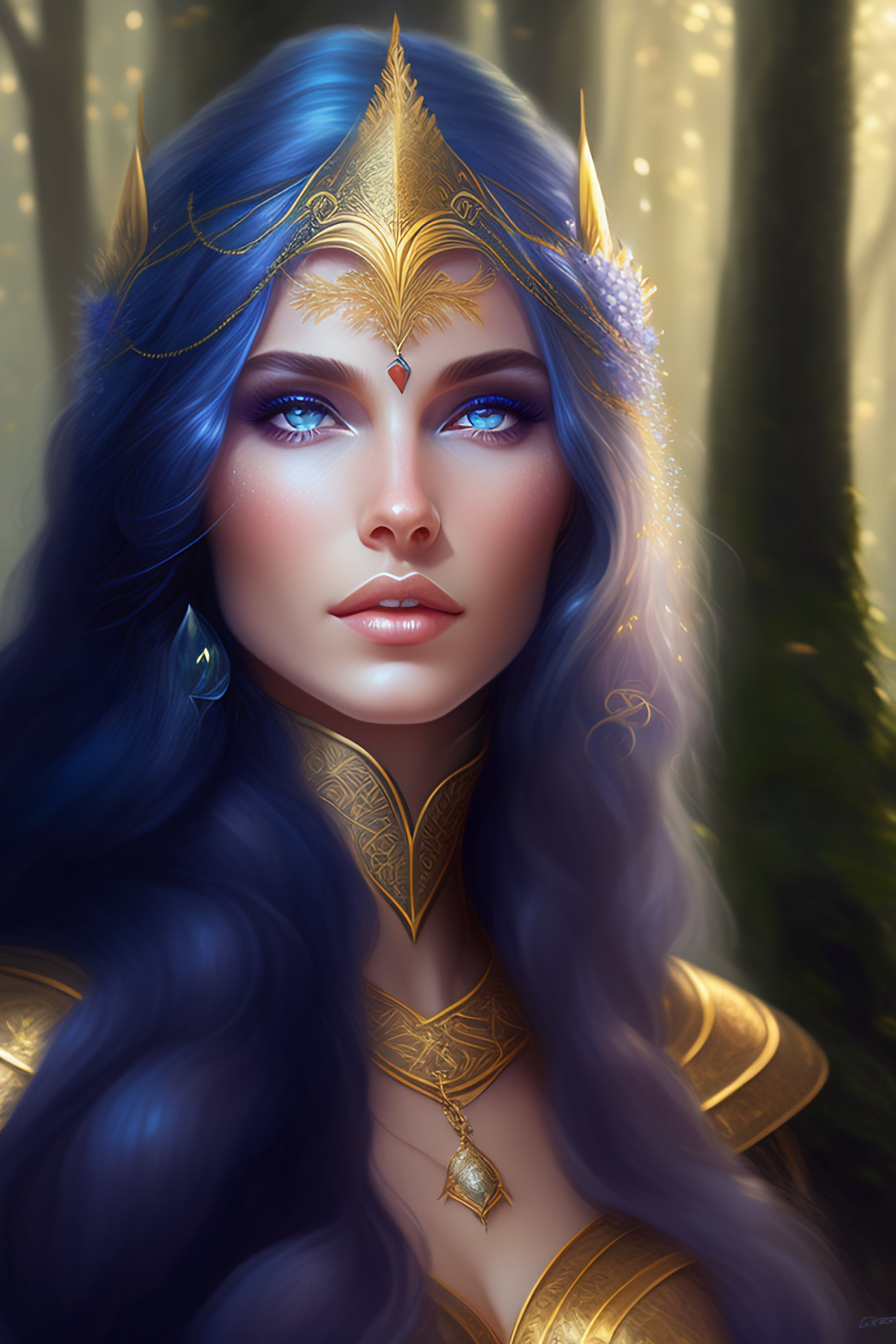 Lexica - A cute sorcerer elven godess, blue long hair, golden eyes, in ...