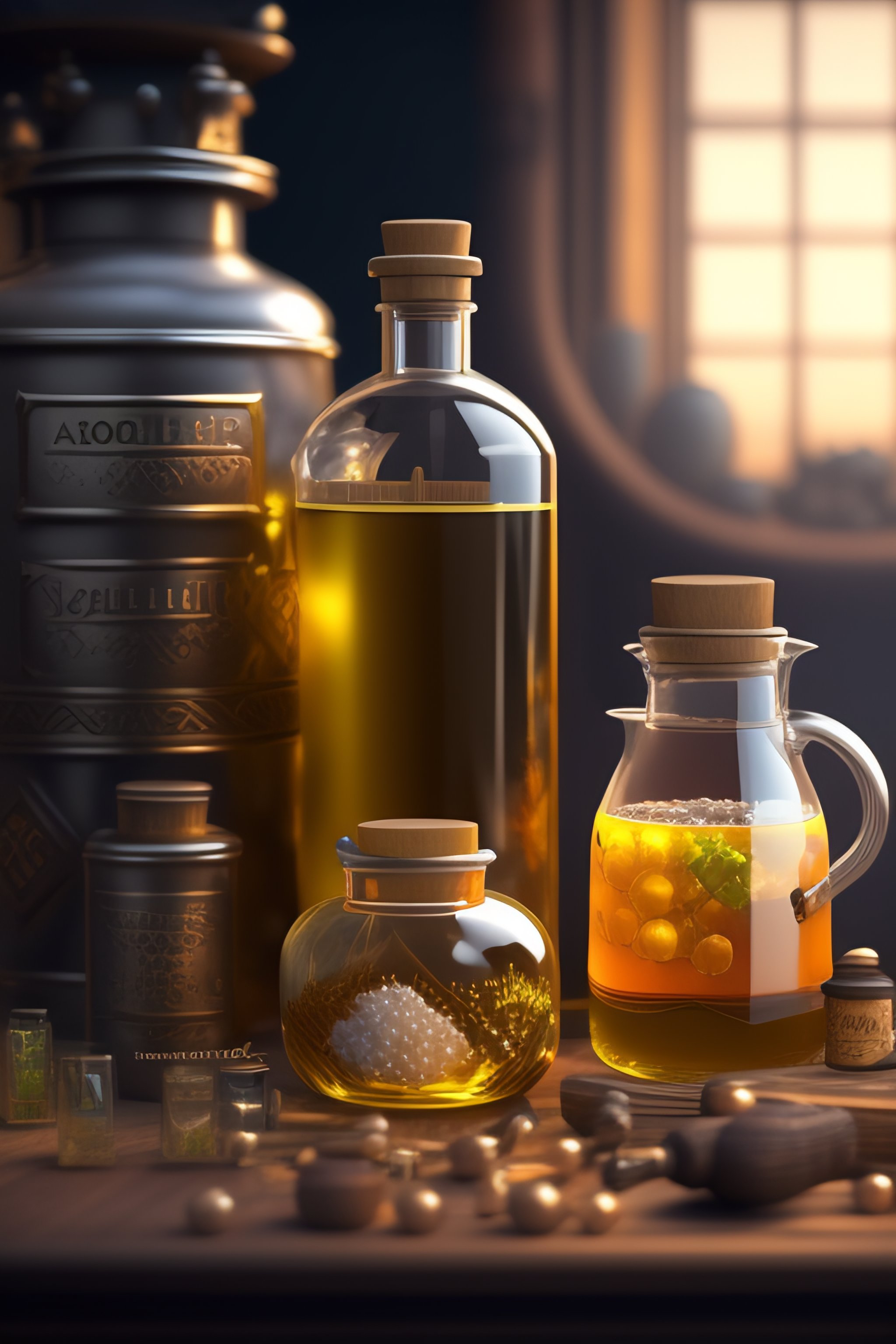 Lexica - Knolling alchemist lab , potions , powder, jars