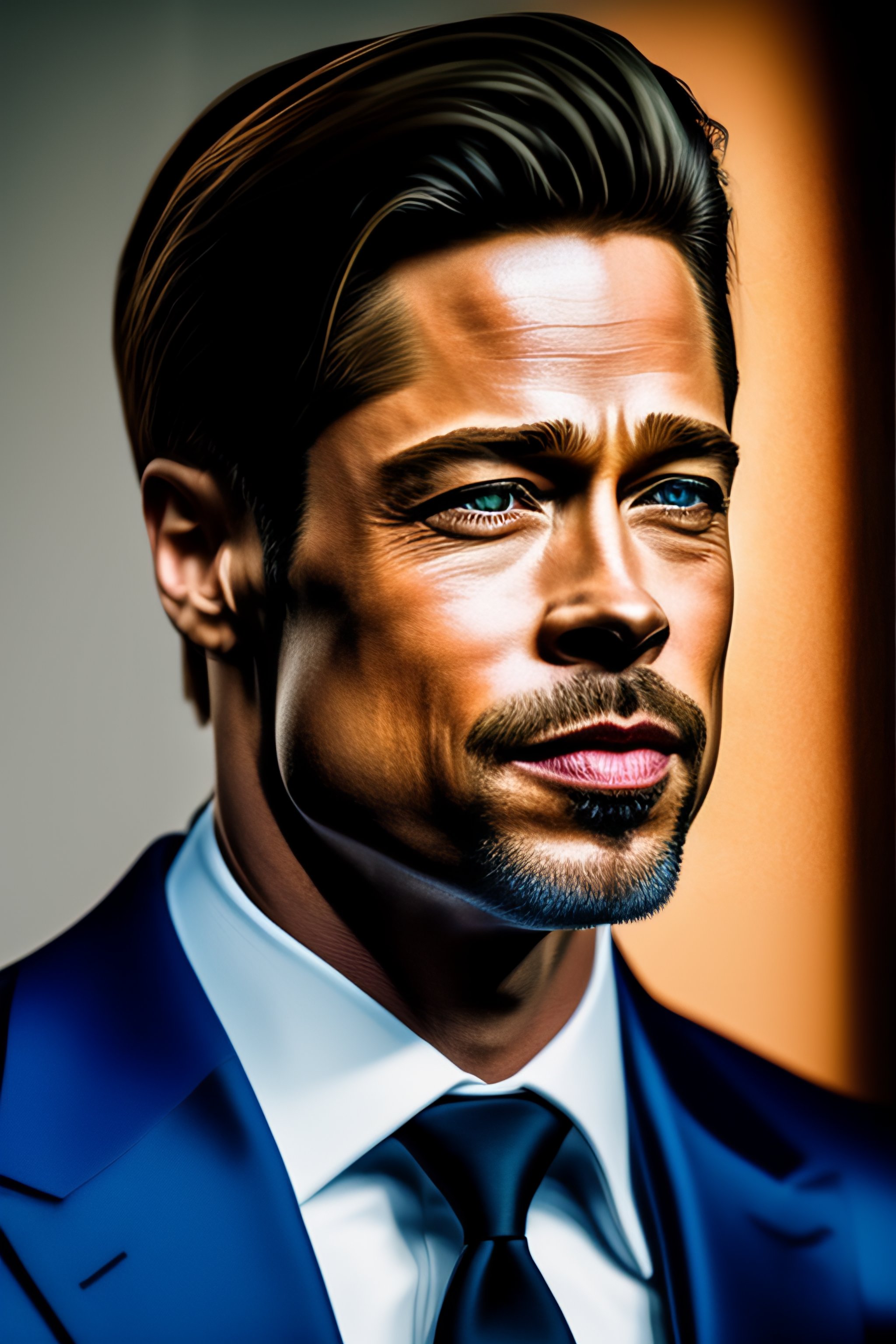 Lexica - Close up of brad pitt wearing a midnight - blue suit and blue ...