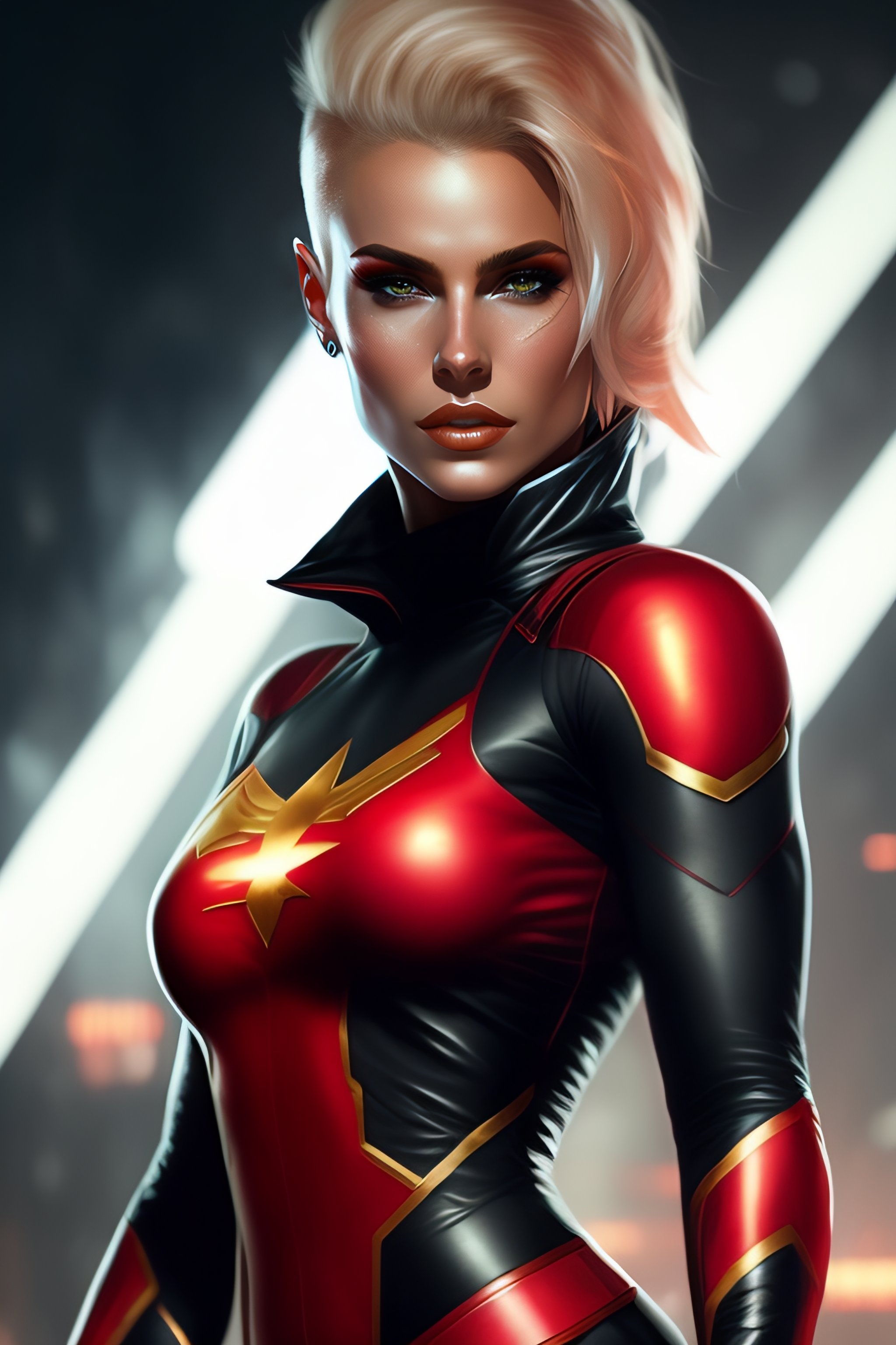 Lexica - Beautiful super hero woman with blond short hair, wearing red top, black skinny legging ...