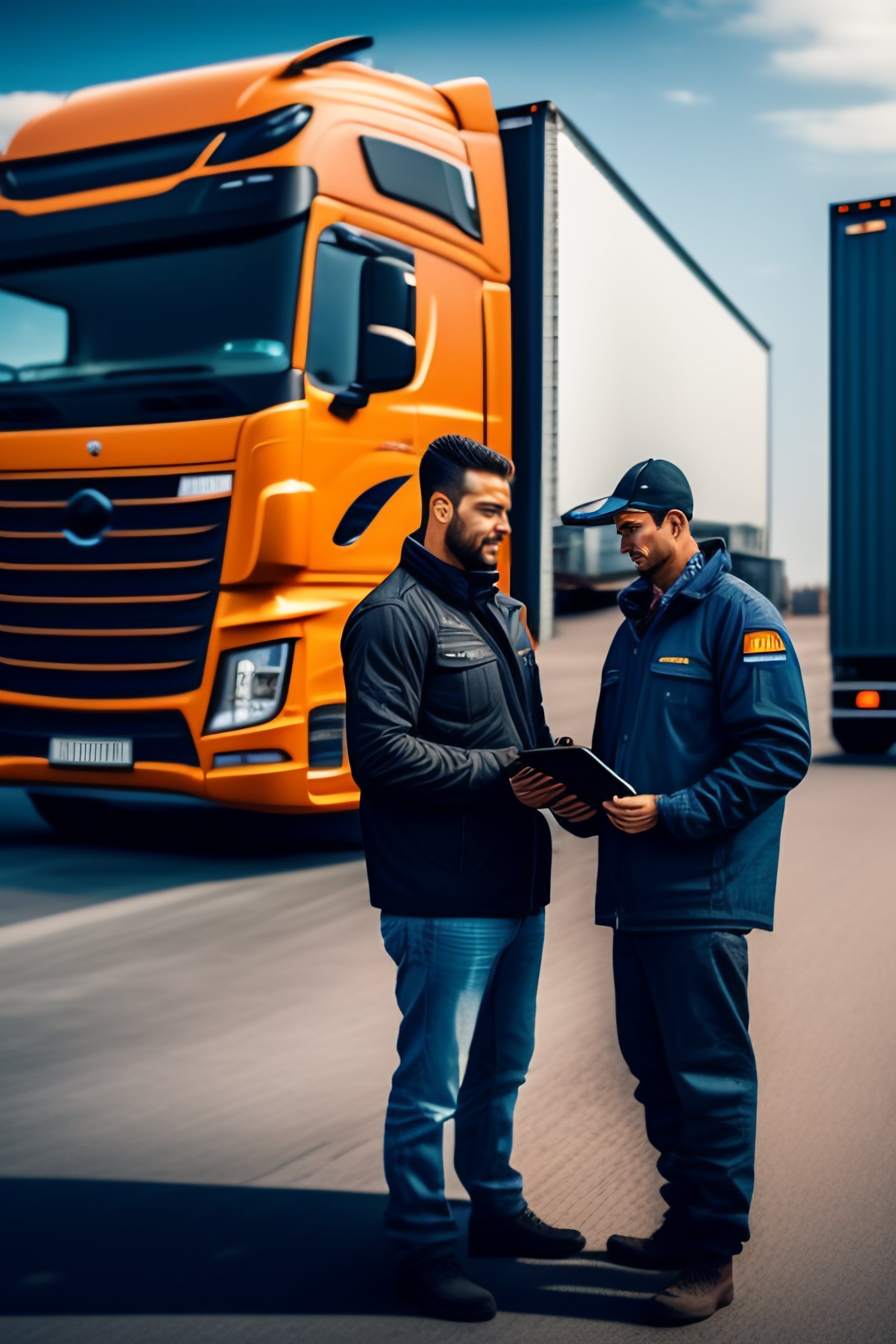Lexica - Two truck driver working with a smartphone in front of a ...