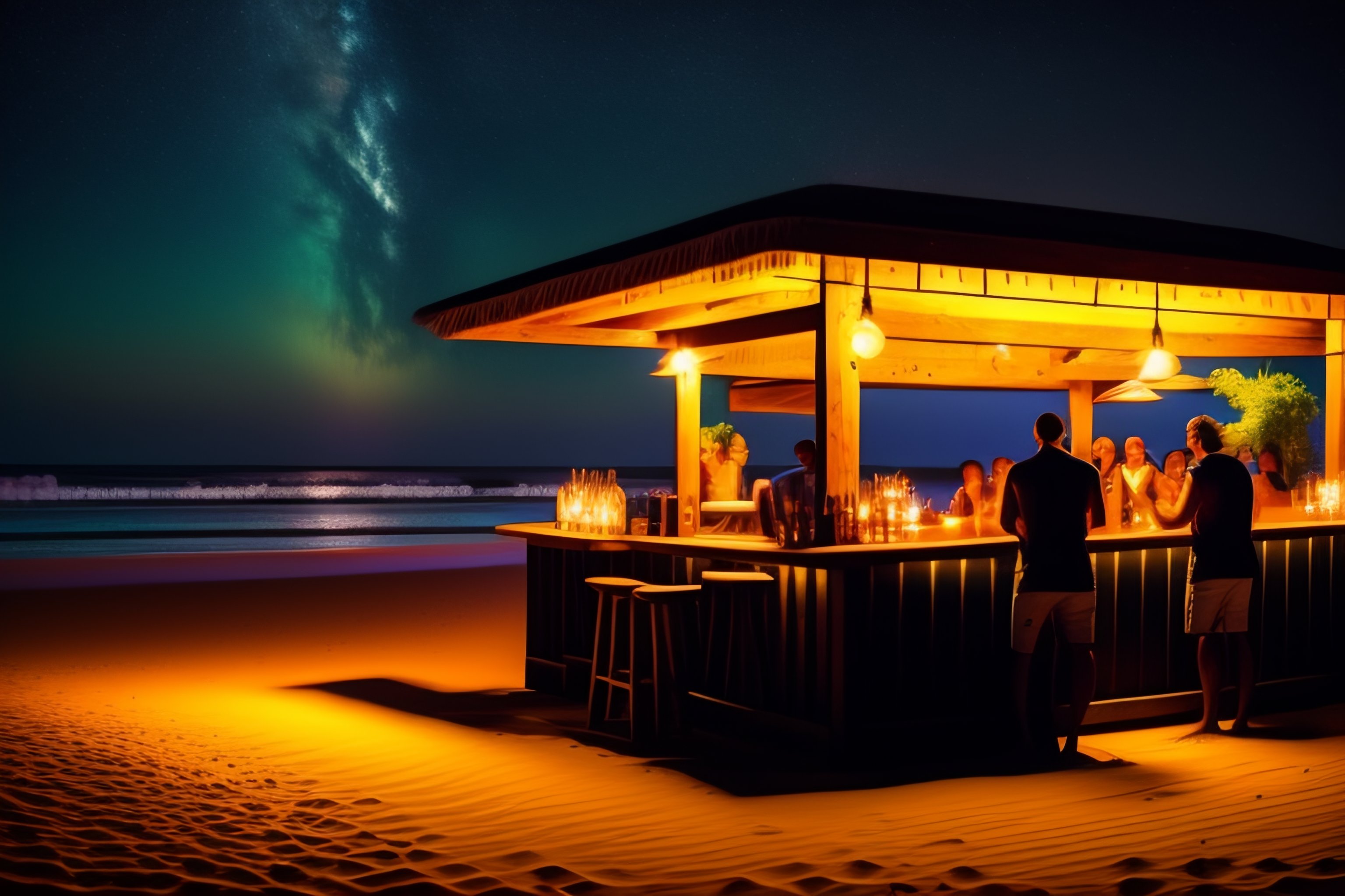 Lexica - A bar on a beach on a dark night and people partying