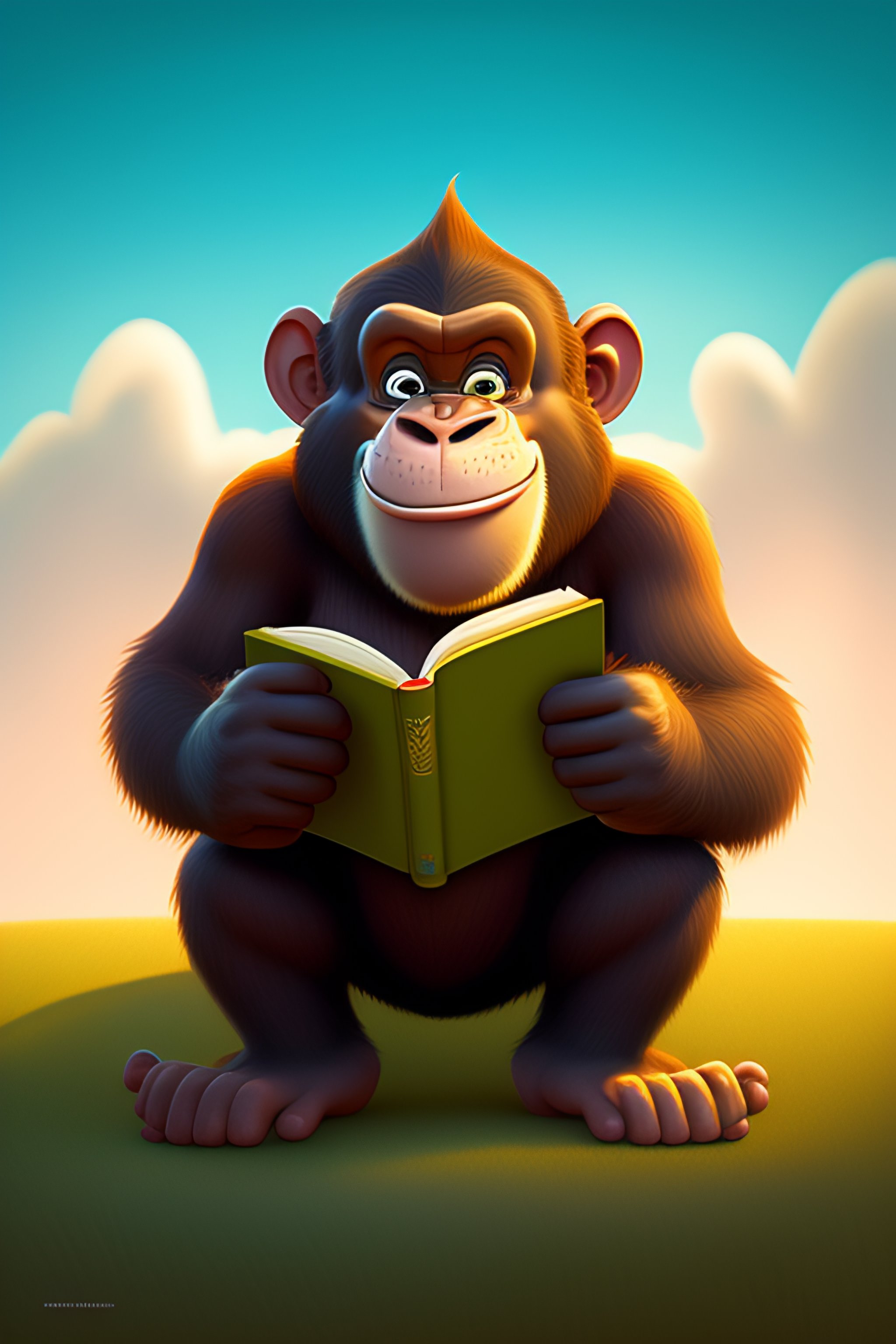 Lexica - Pixar art of a funny smiling ape reading a book