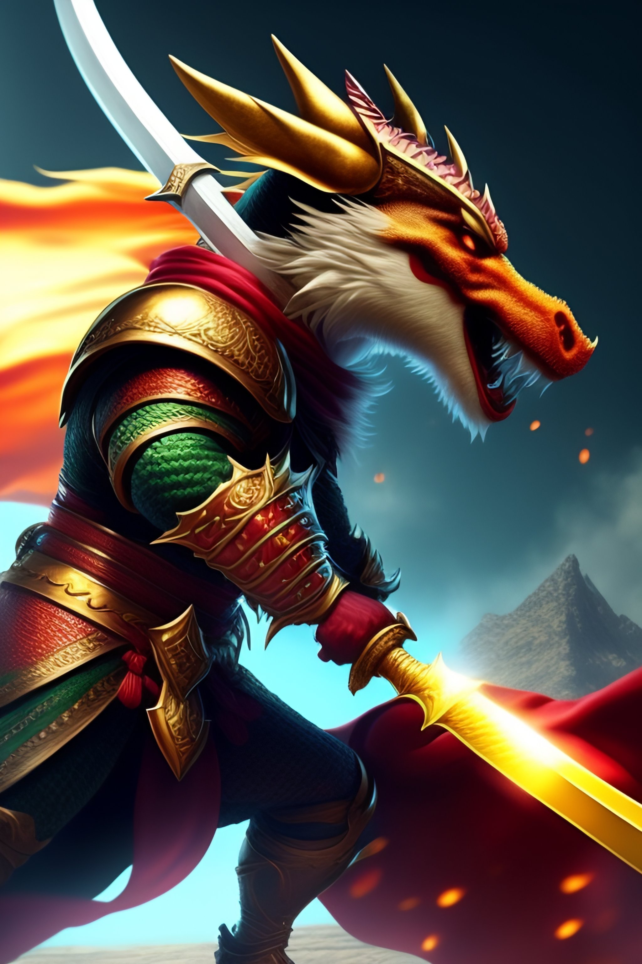 Lexica - Dragon warrior, long sword, realistic, flying, fight against giant