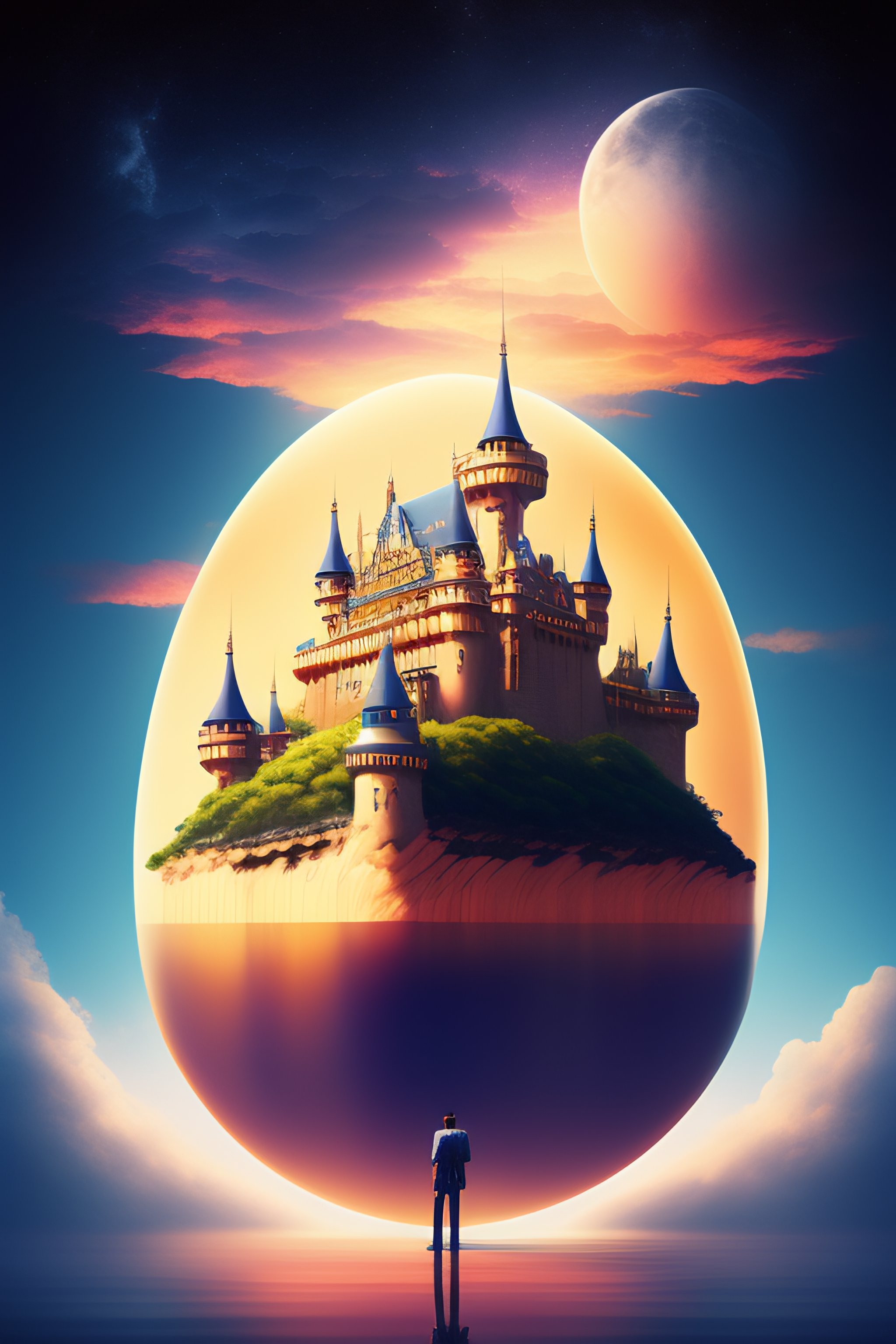 Lexica - Anime floating castle with man standing infront